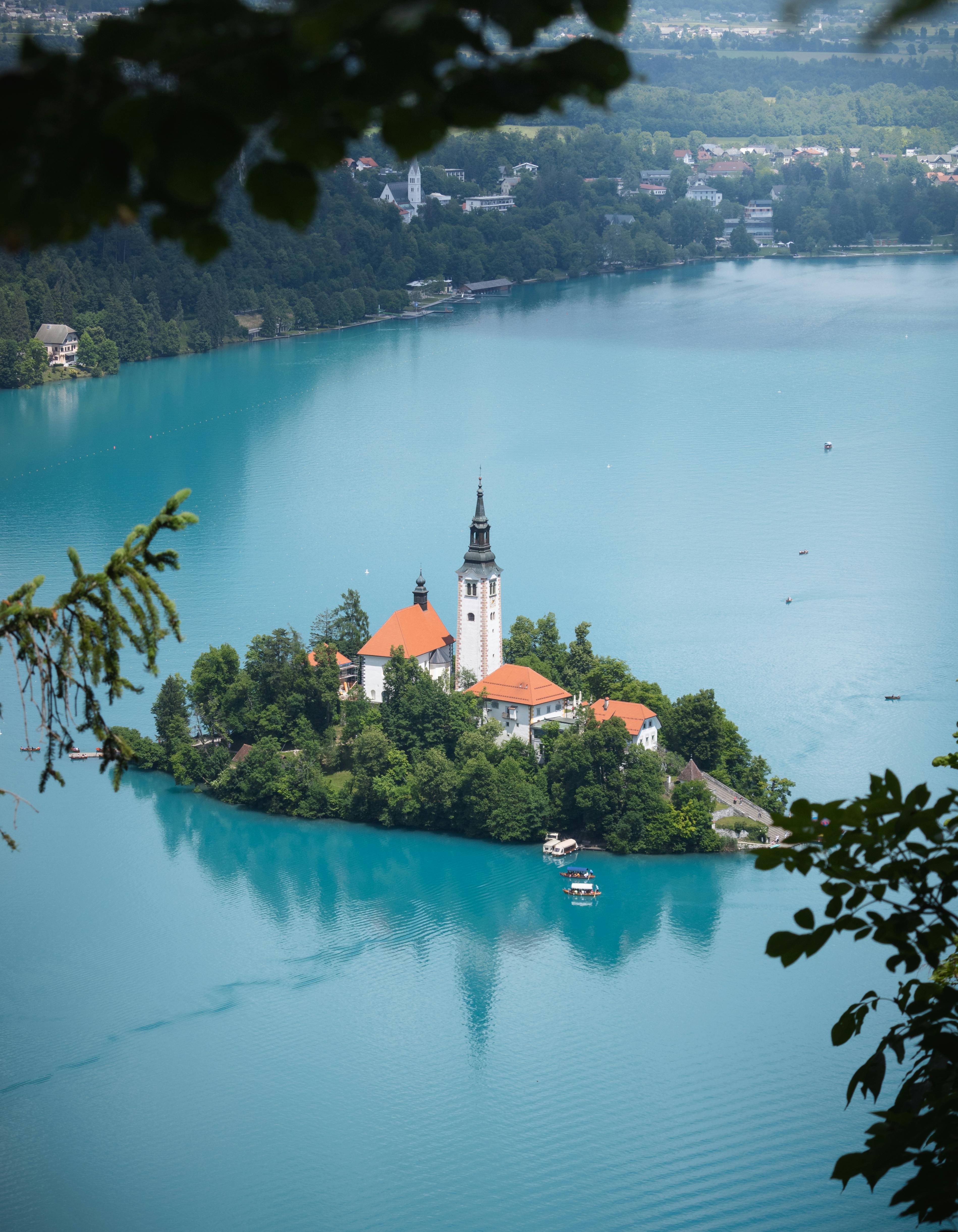 Scenic Aerial View of Lake Bled with Iconic Church · Free Stock Photo