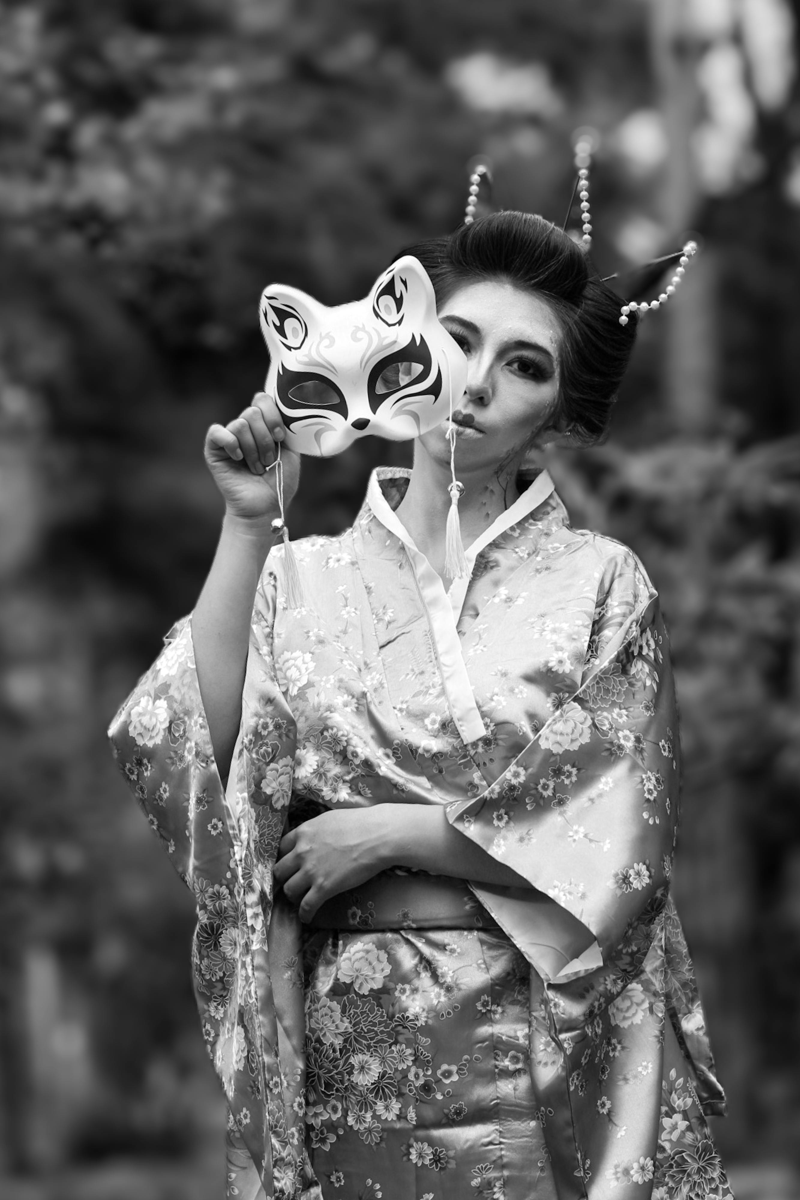 Black and White Geisha with Kitsune Mask · Free Stock Photo