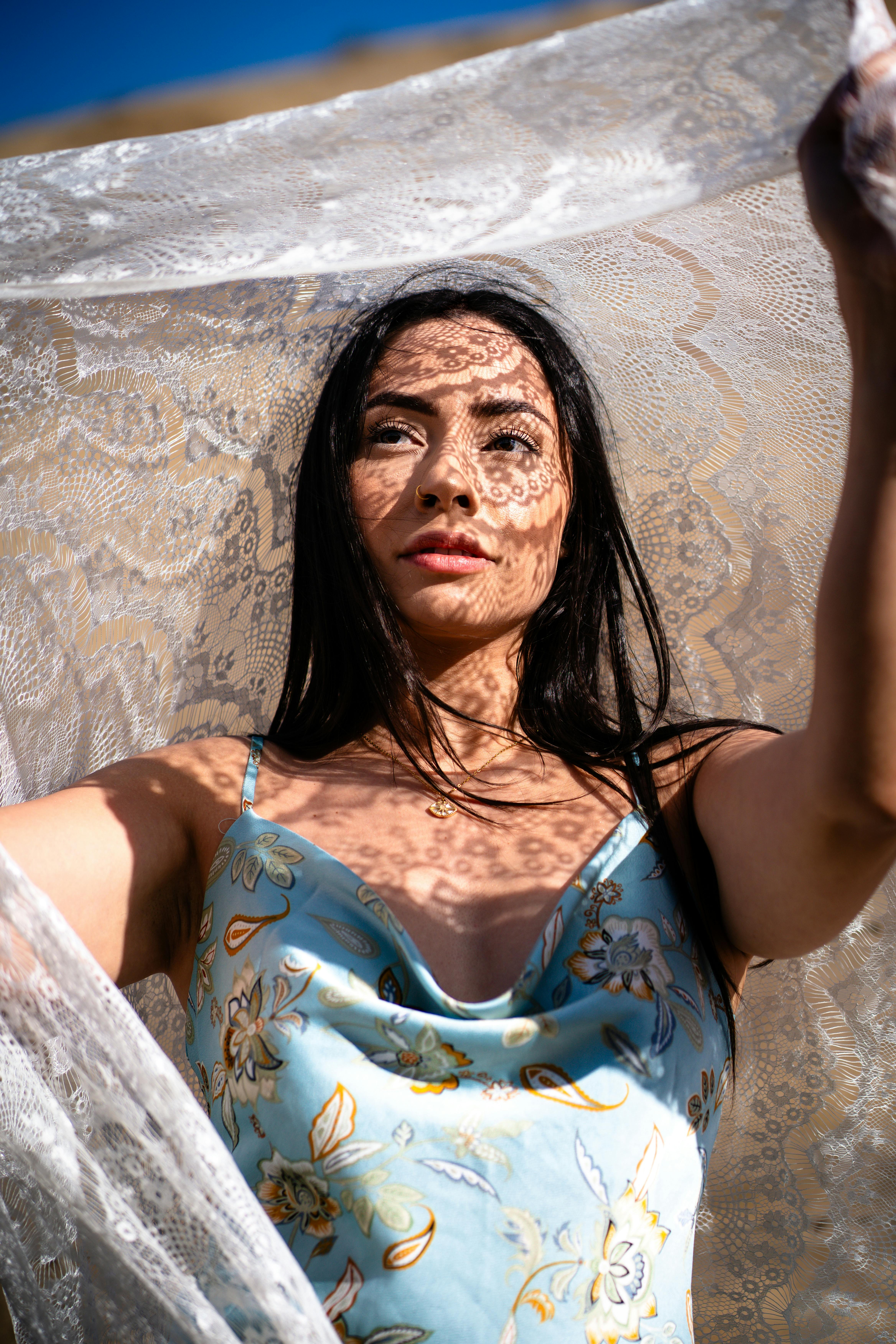 Sunlit Portrait with Lace and Floral Dress · Free Stock Photo