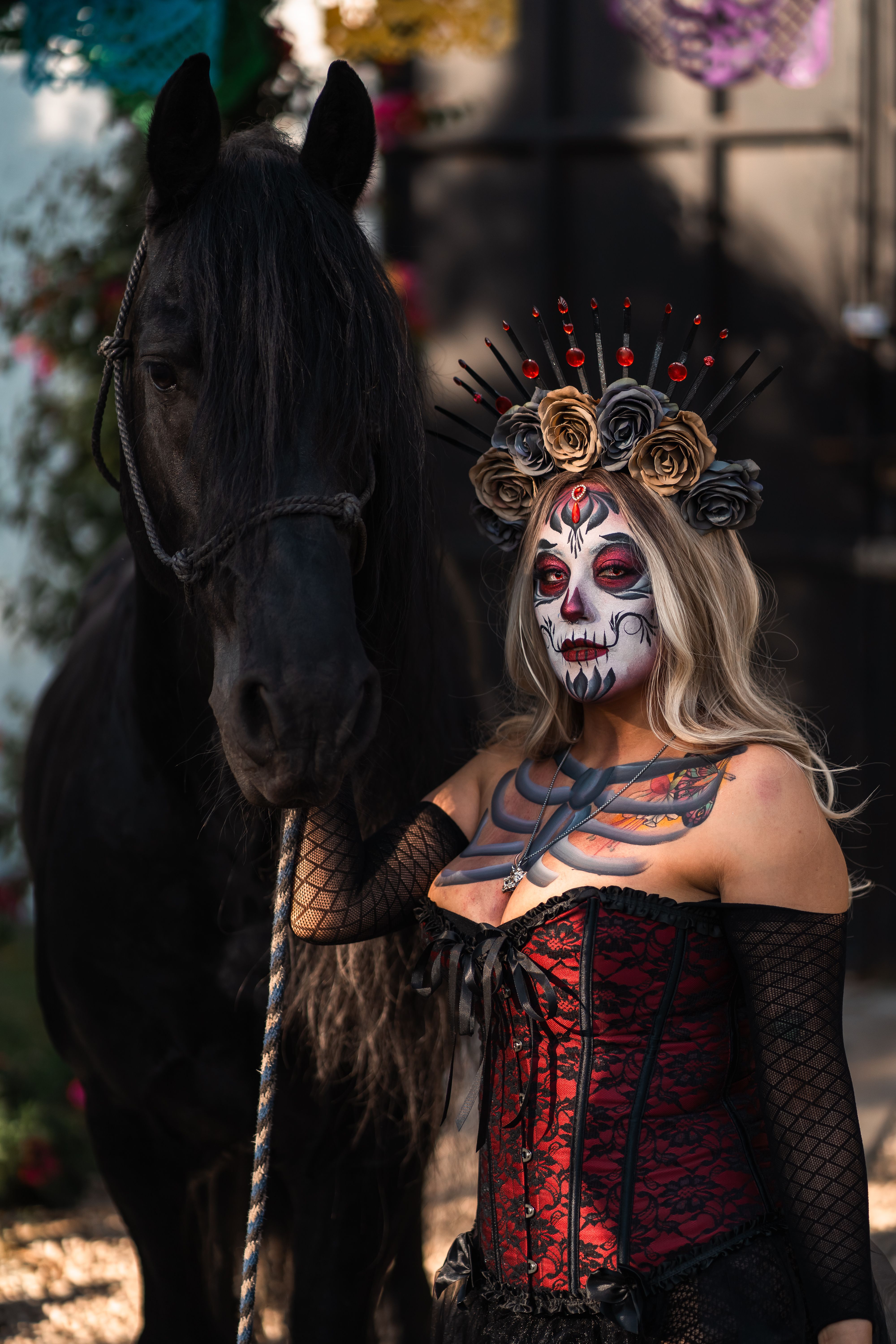 Colorful Catrina Portrait with Black Horse · Free Stock Photo