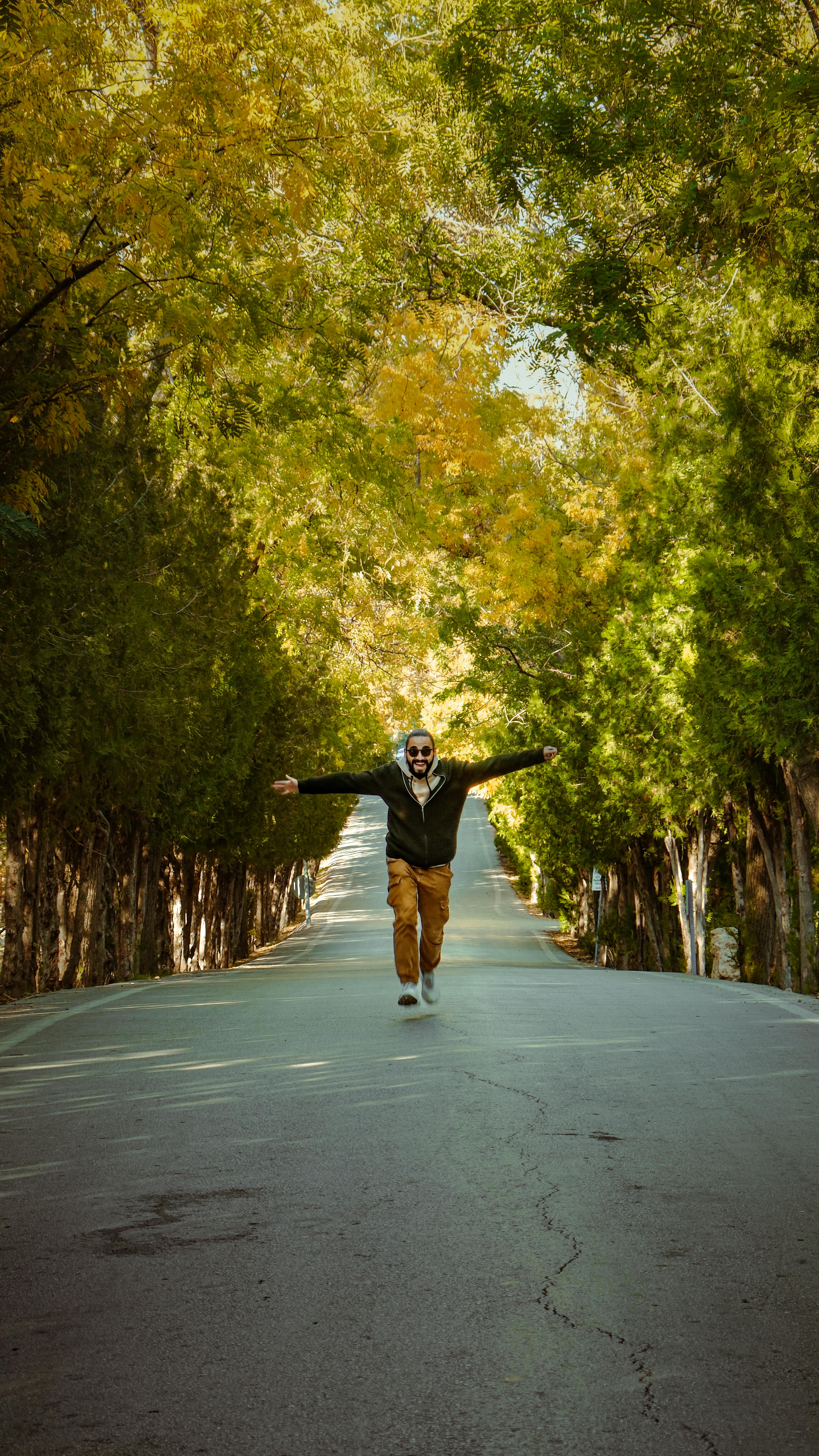 Man Walking Joyfully Down Tree-Lined Avenue · Free Stock Photo