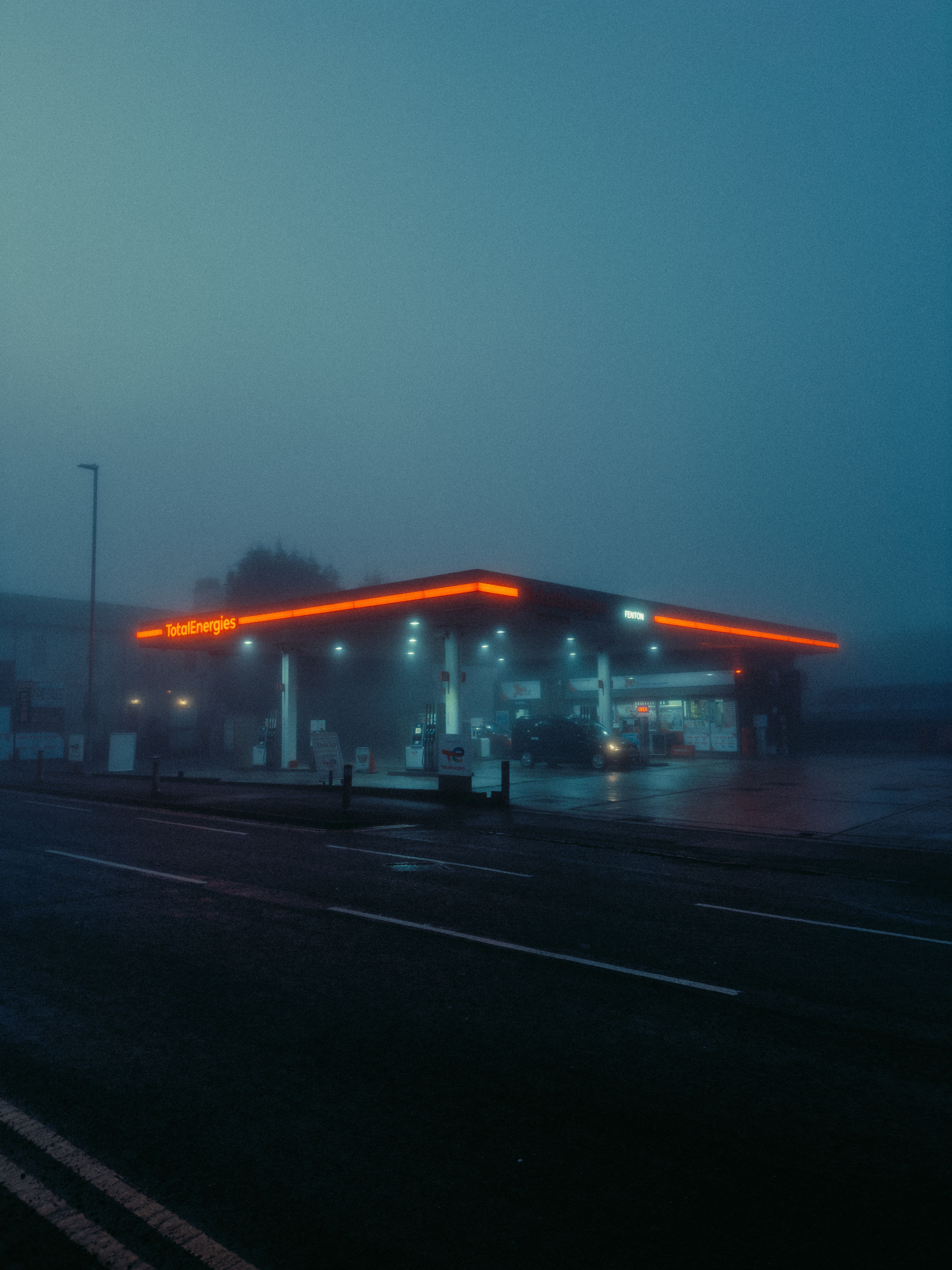 Misty Night Gas Station with Neon Lights · Free Stock Photo