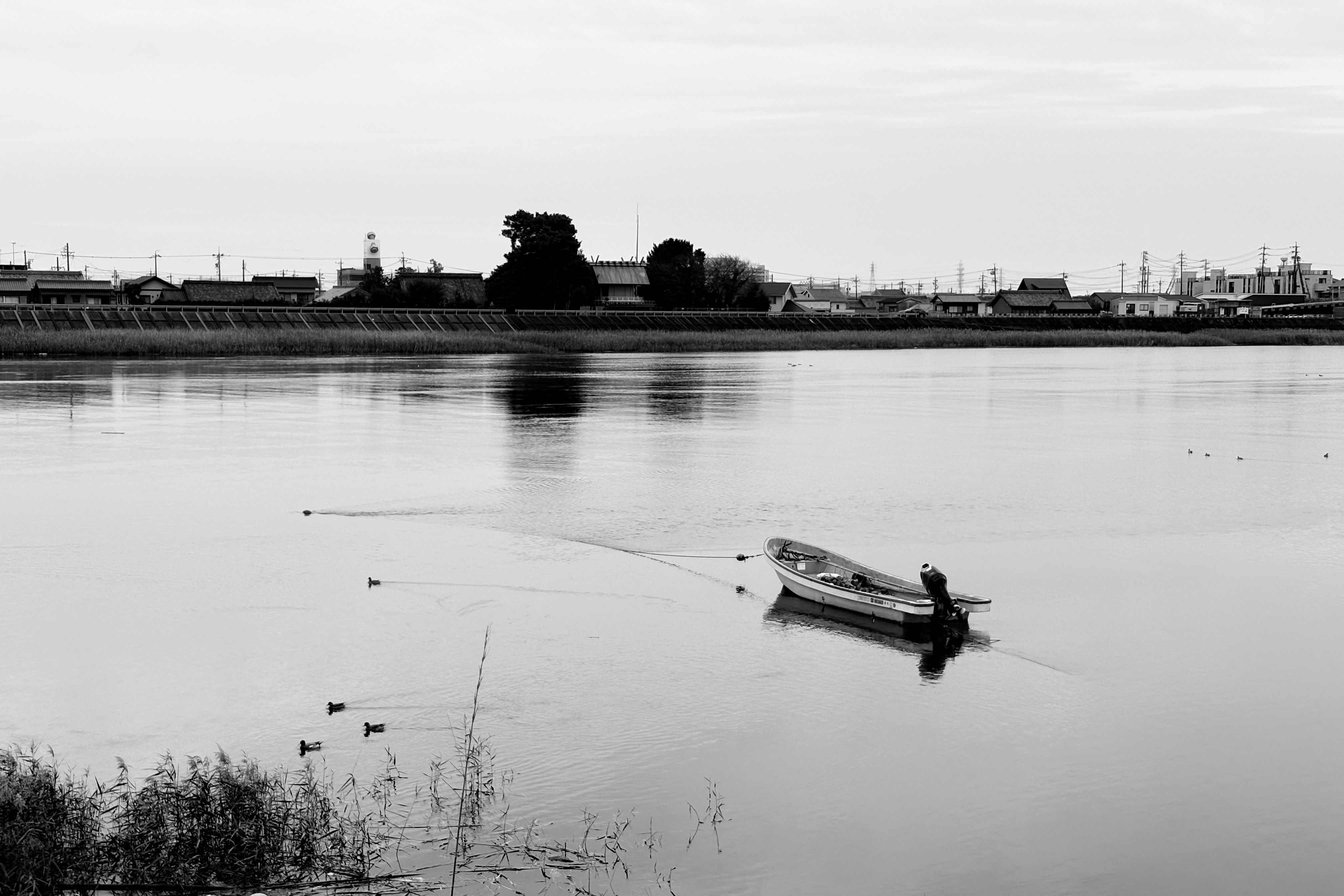 Serene Black and White River Scene with Boat · Free Stock Photo