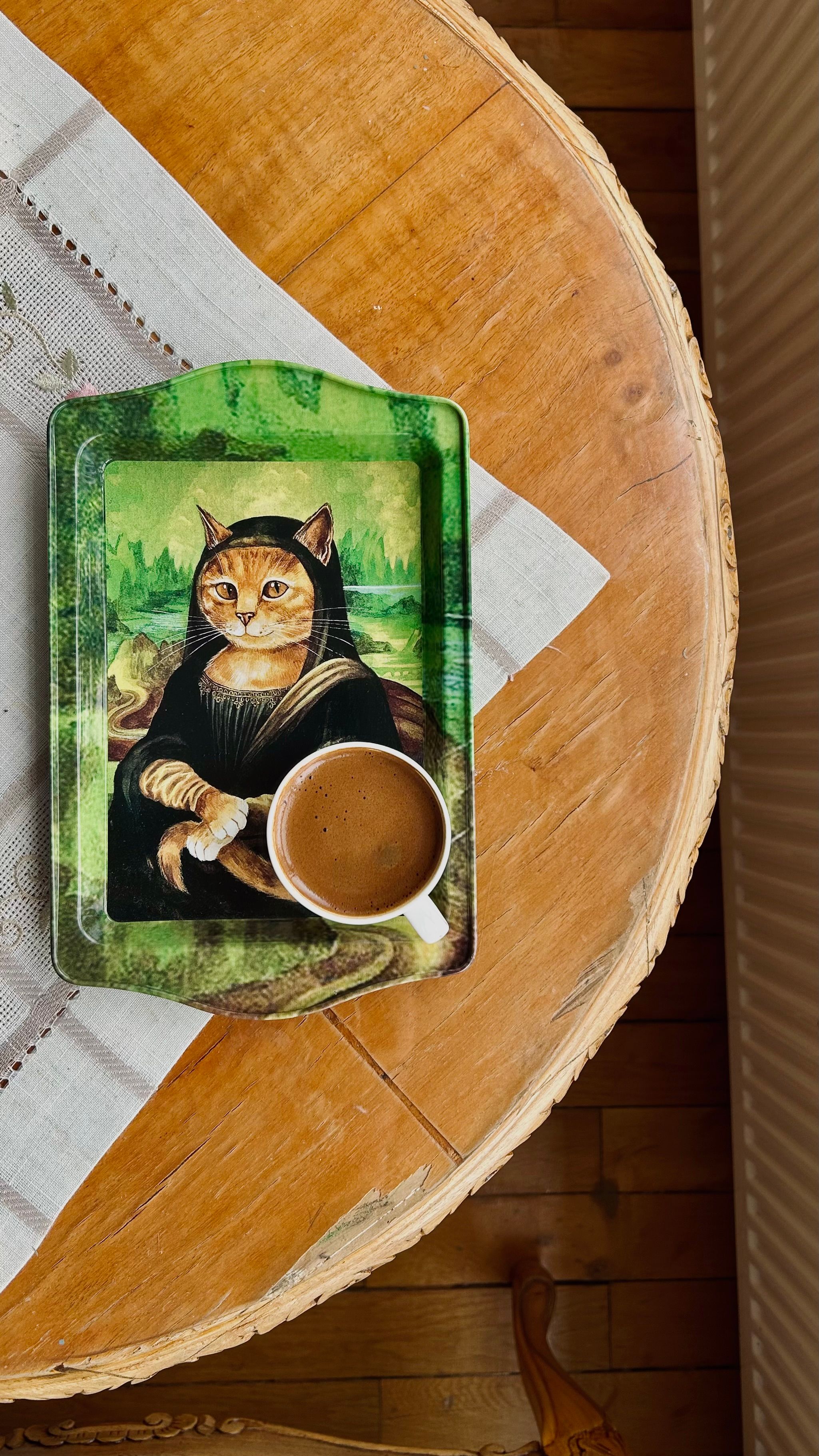 Cat Mona Lisa Tray with Coffee on Wooden Table · Free Stock Photo