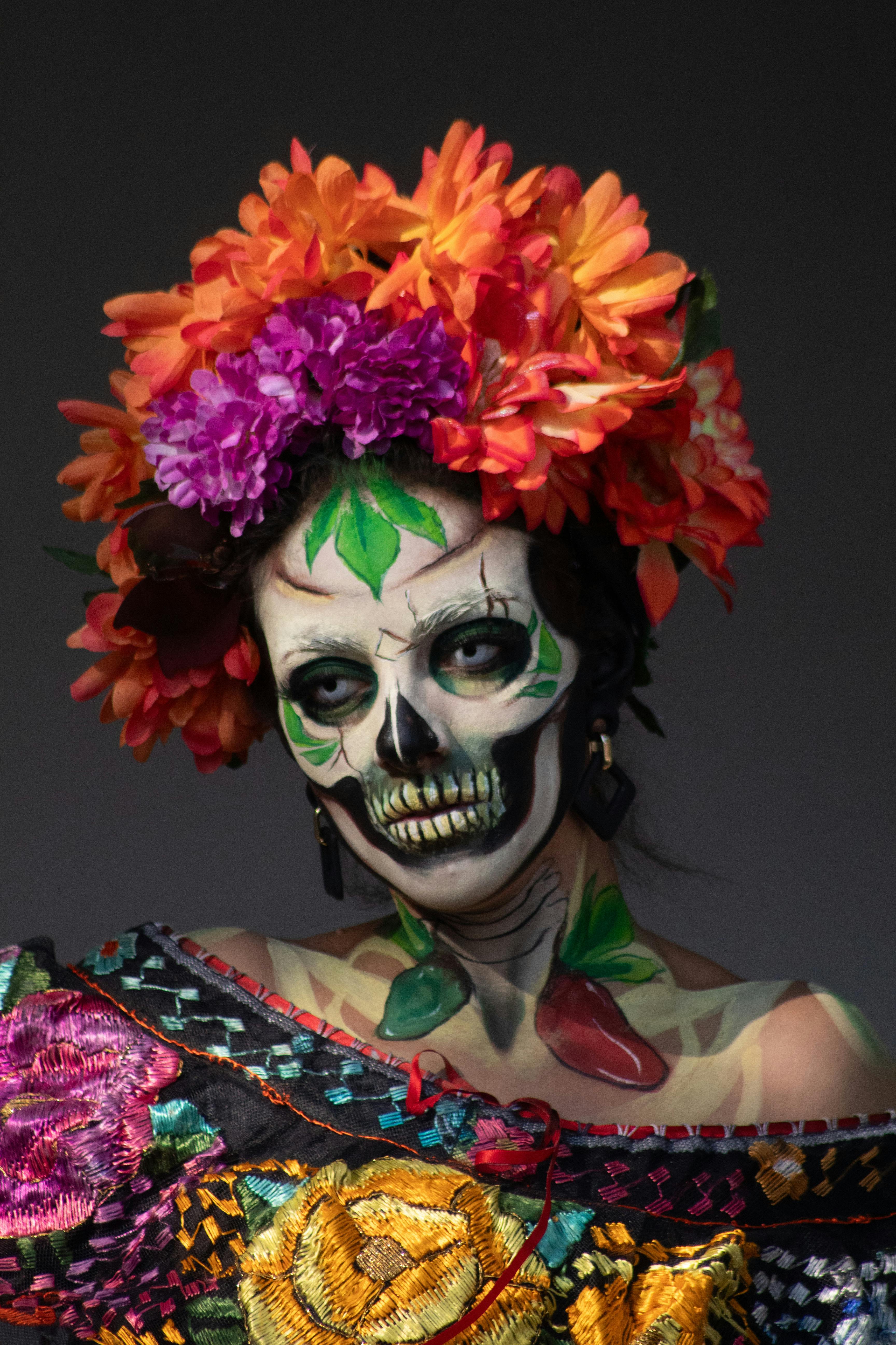 Vibrant Day of the Dead Skull Makeup Portrait · Free Stock Photo