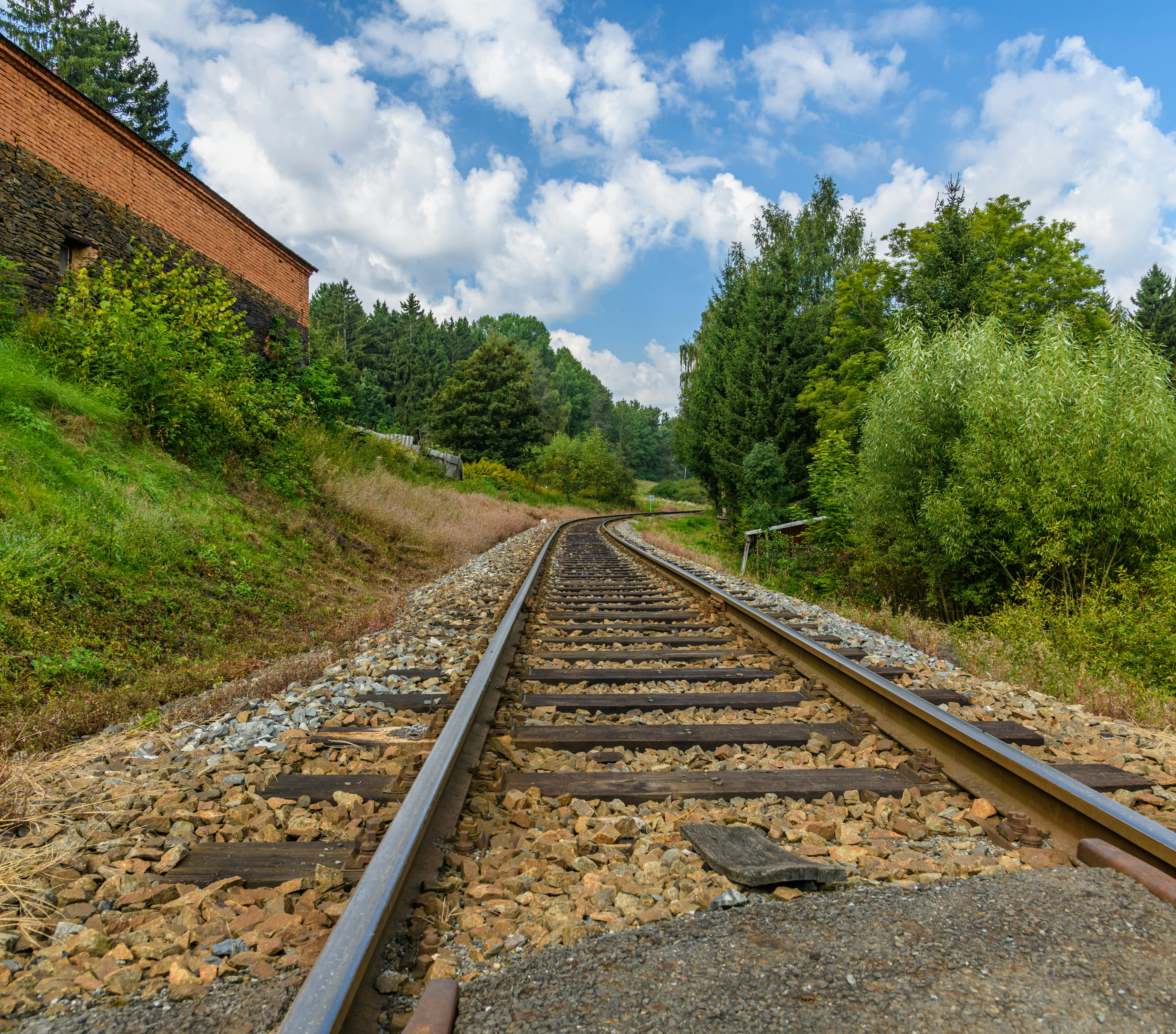 Train tracks through green forest · Free Stock Photo