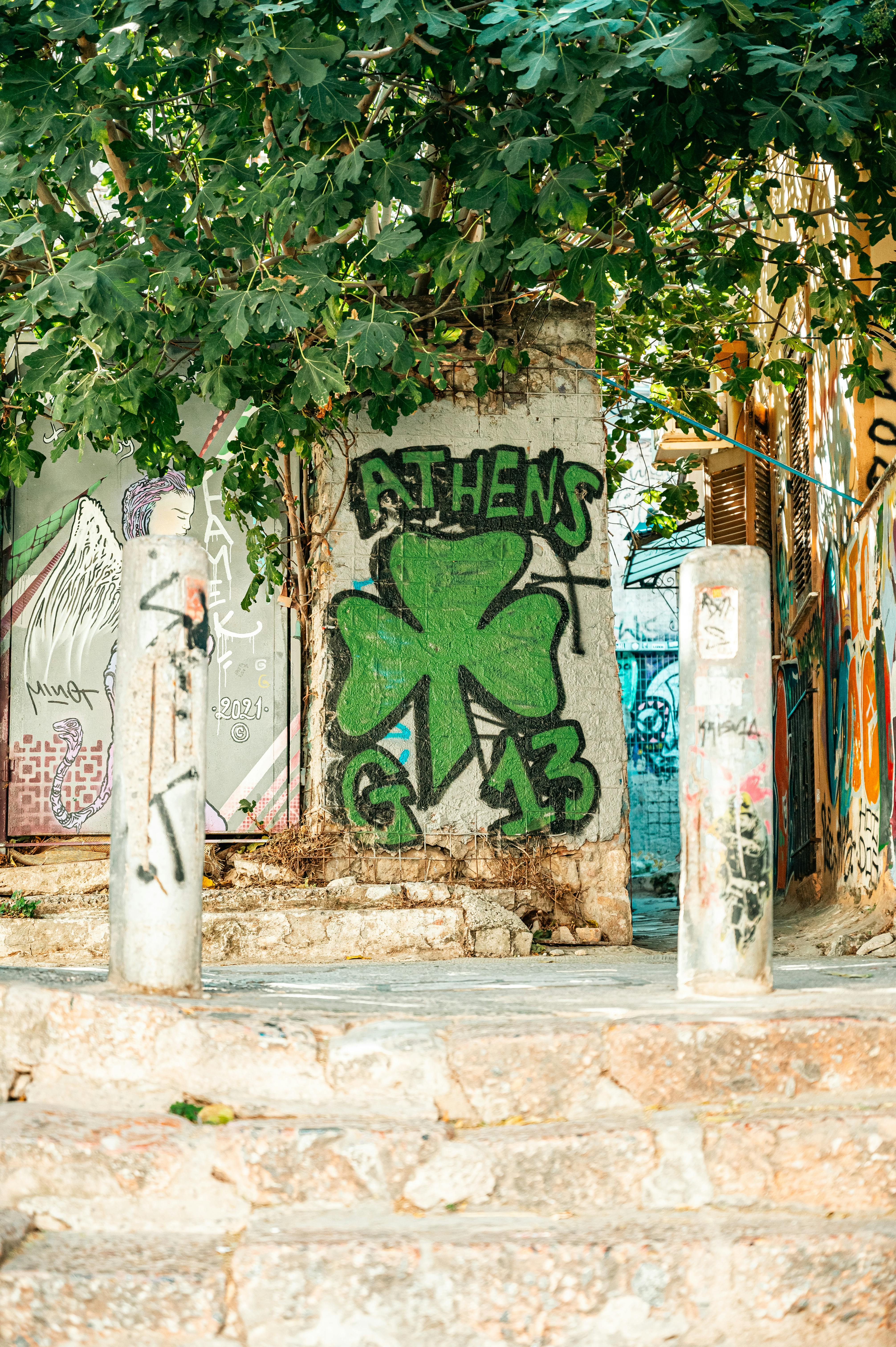 Street Art in Athens with Green Clover Graffiti · Free Stock Photo