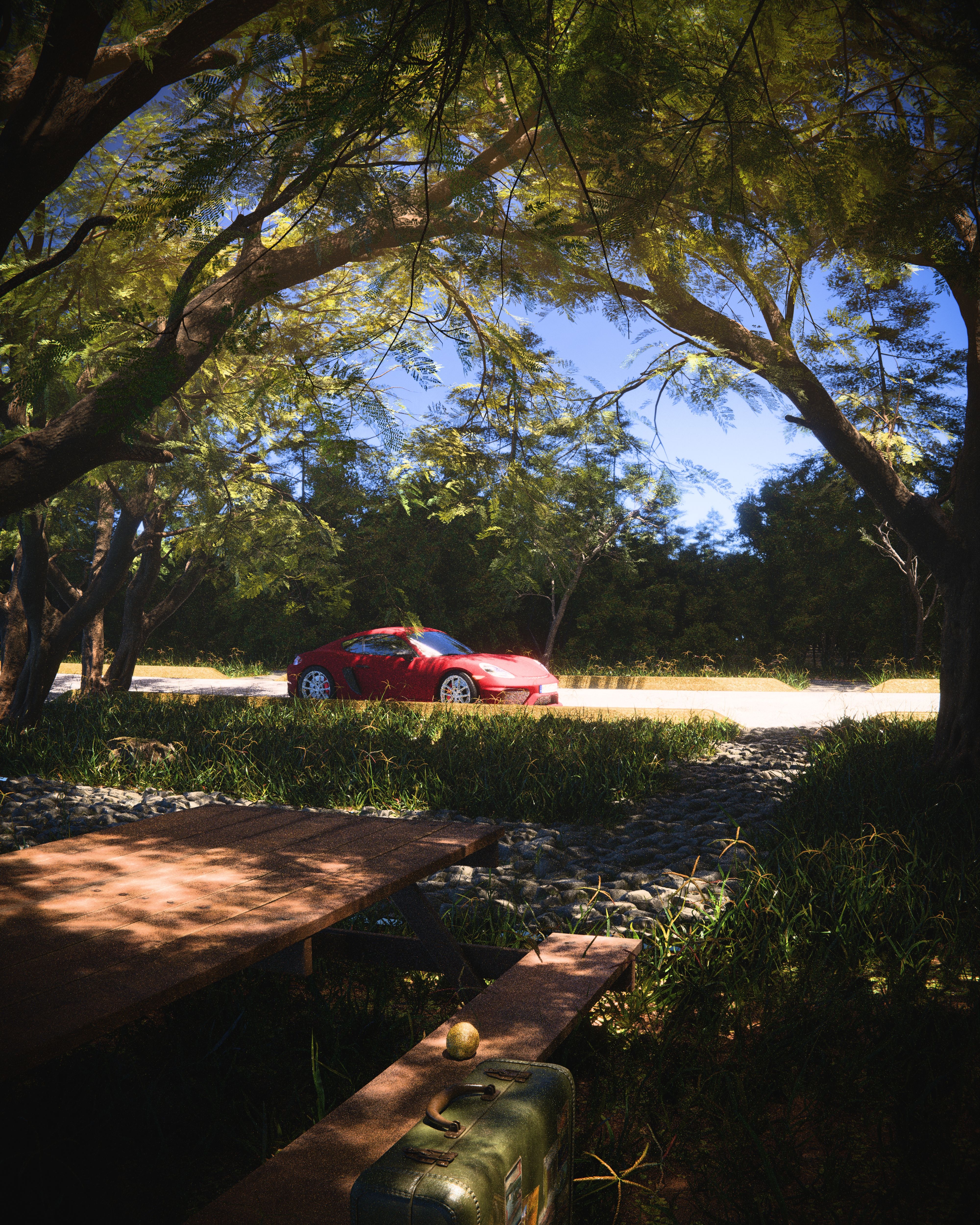 Red Sports Car Parked Under Shaded Trees · Free Stock Photo