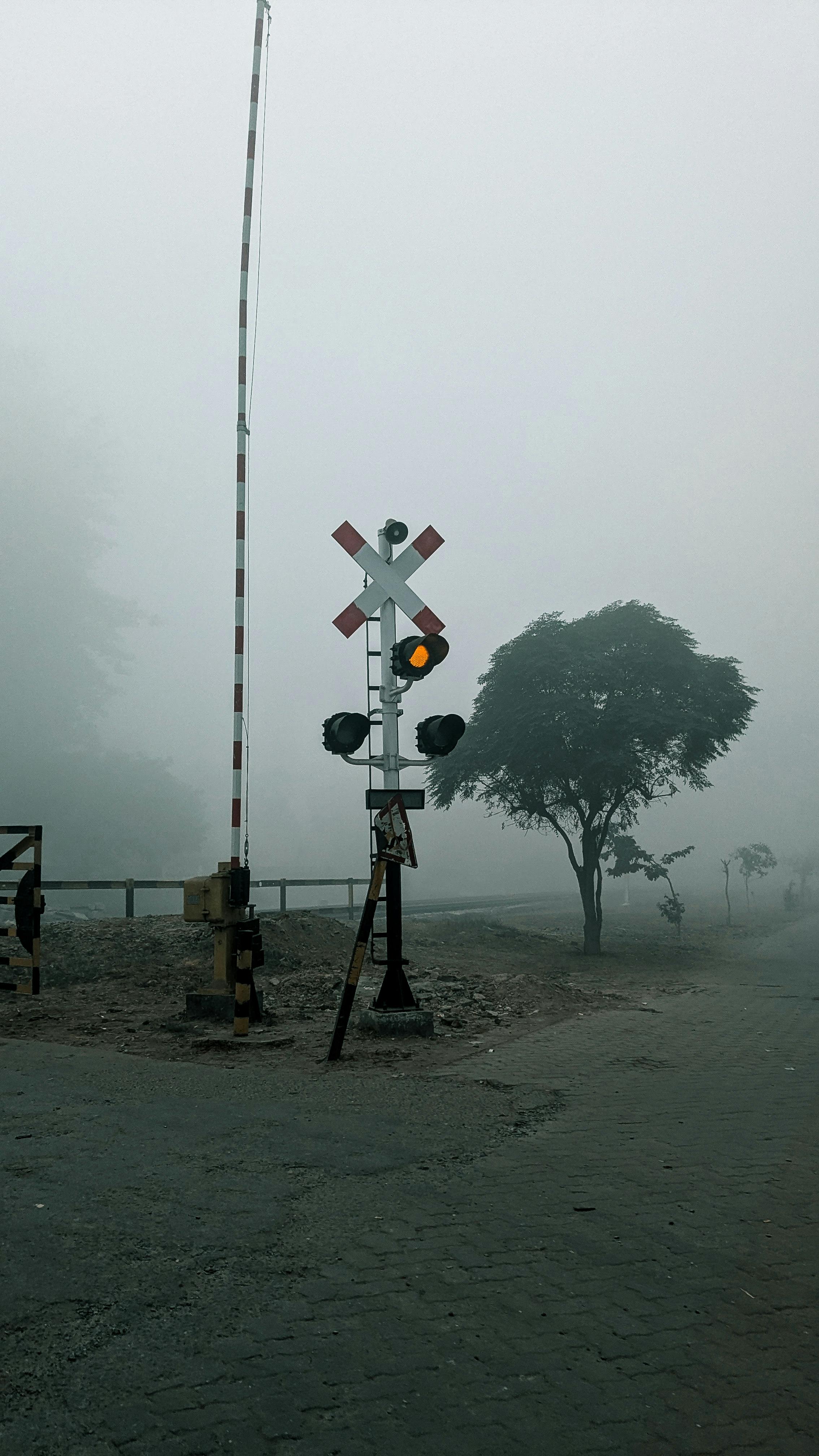 Foggy Railway Crossing with Signal Light · Free Stock Photo