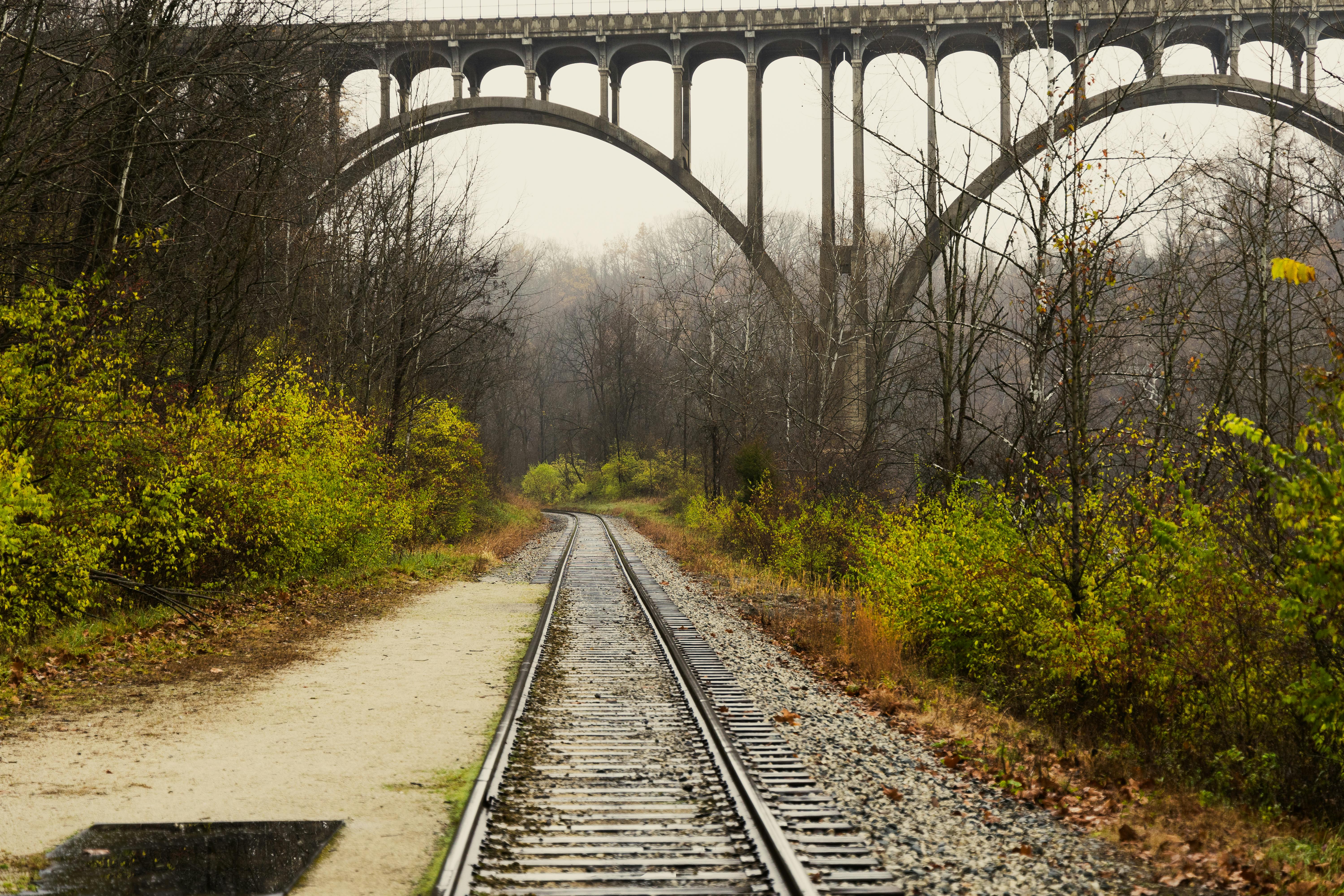 Scenic Railroad Tracks Under Historic Bridge · Free Stock Photo