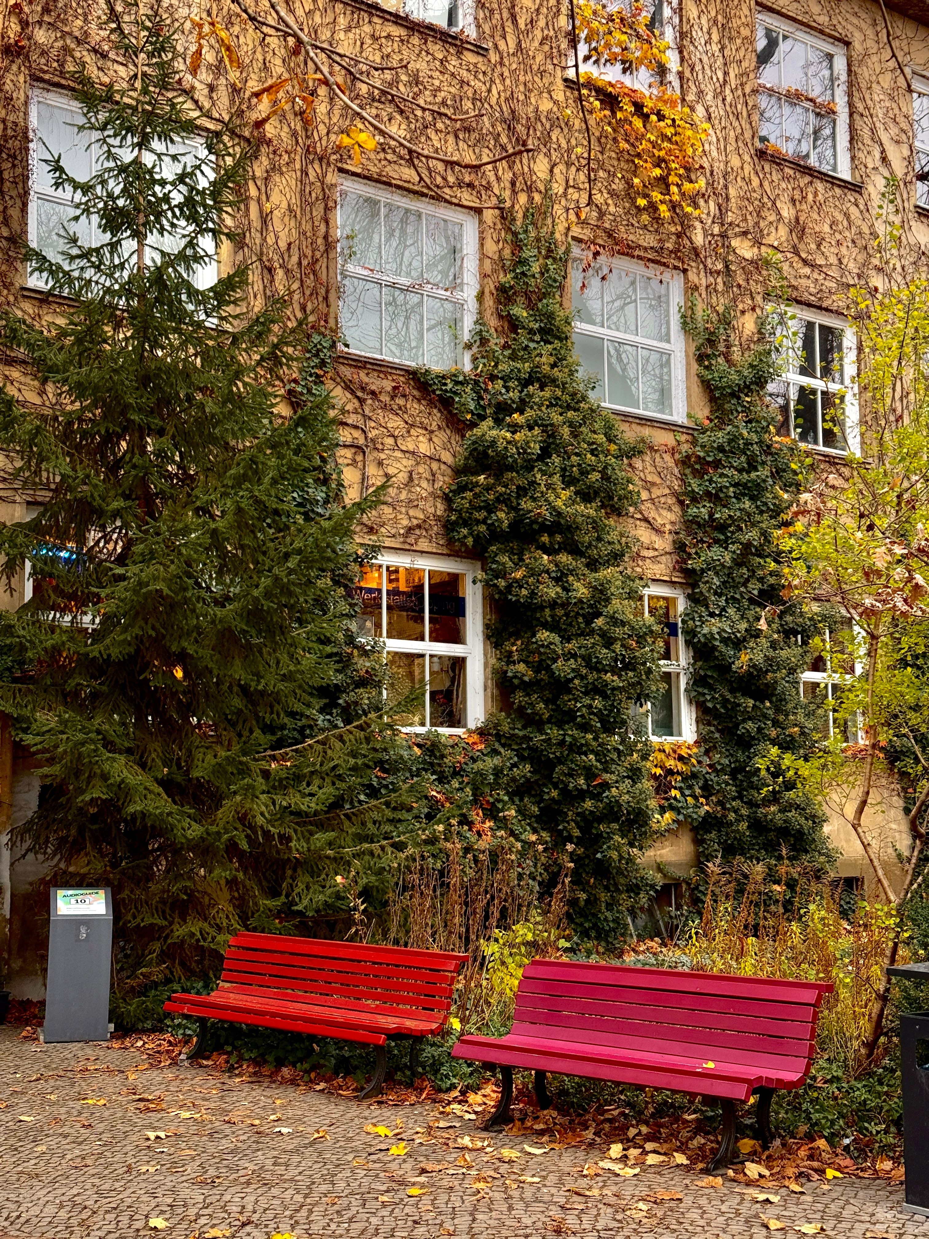 Autumn Scene with Red Benches in Berlin · Free Stock Photo