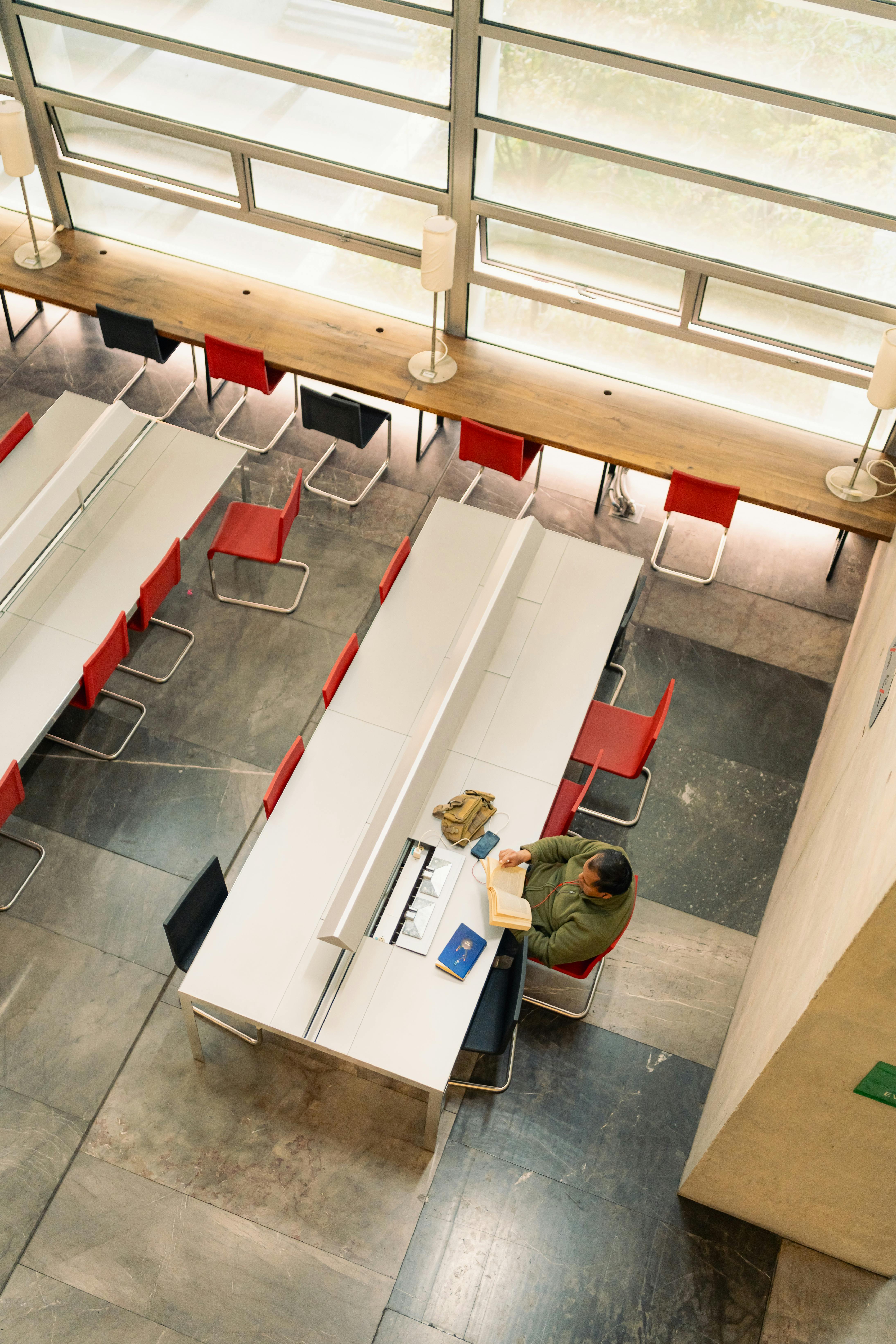Aerial View of Student Studying in Modern Library · Free Stock Photo