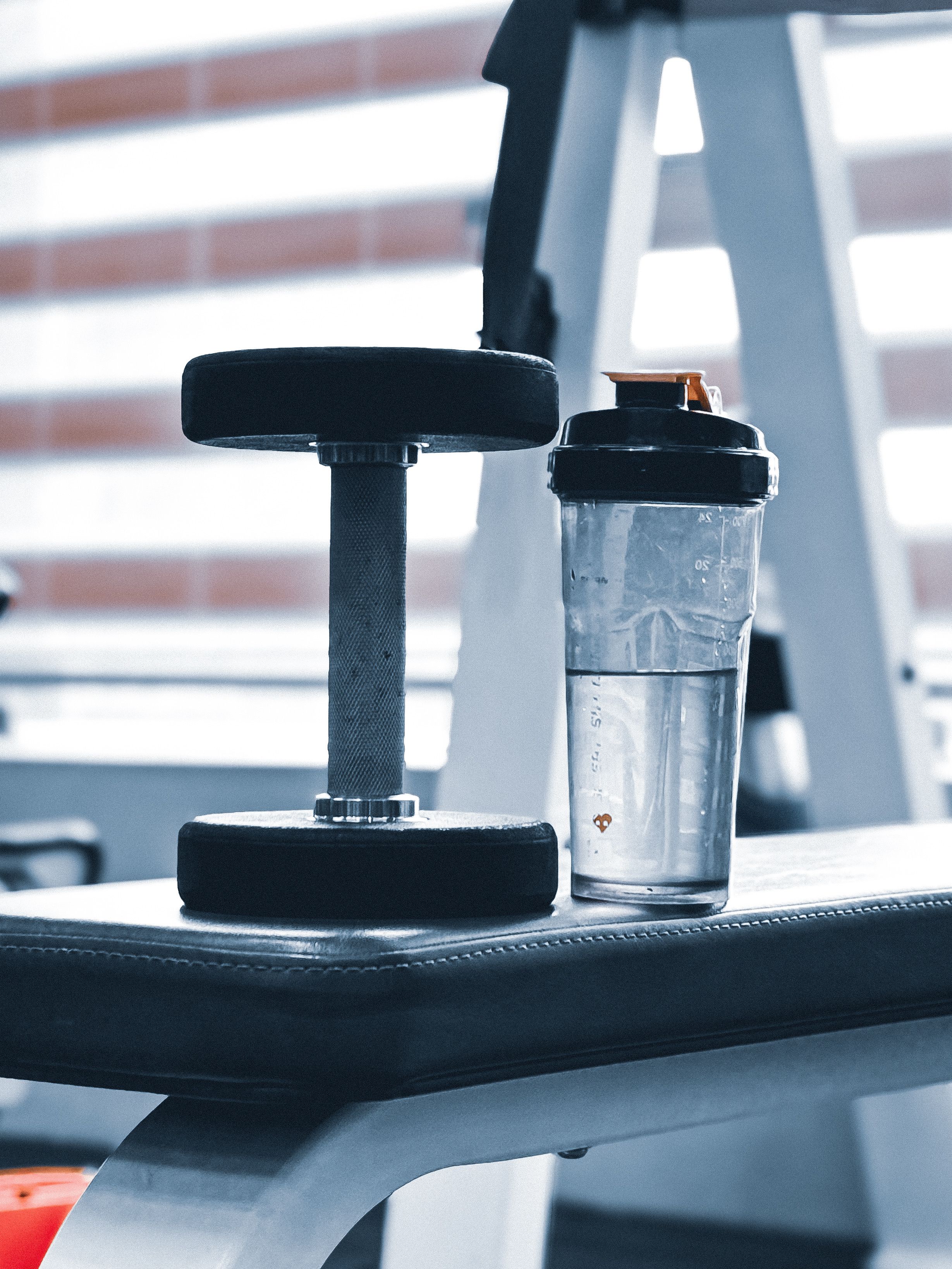 Dumbbell and Water Bottle on Gym Bench · Free Stock Photo