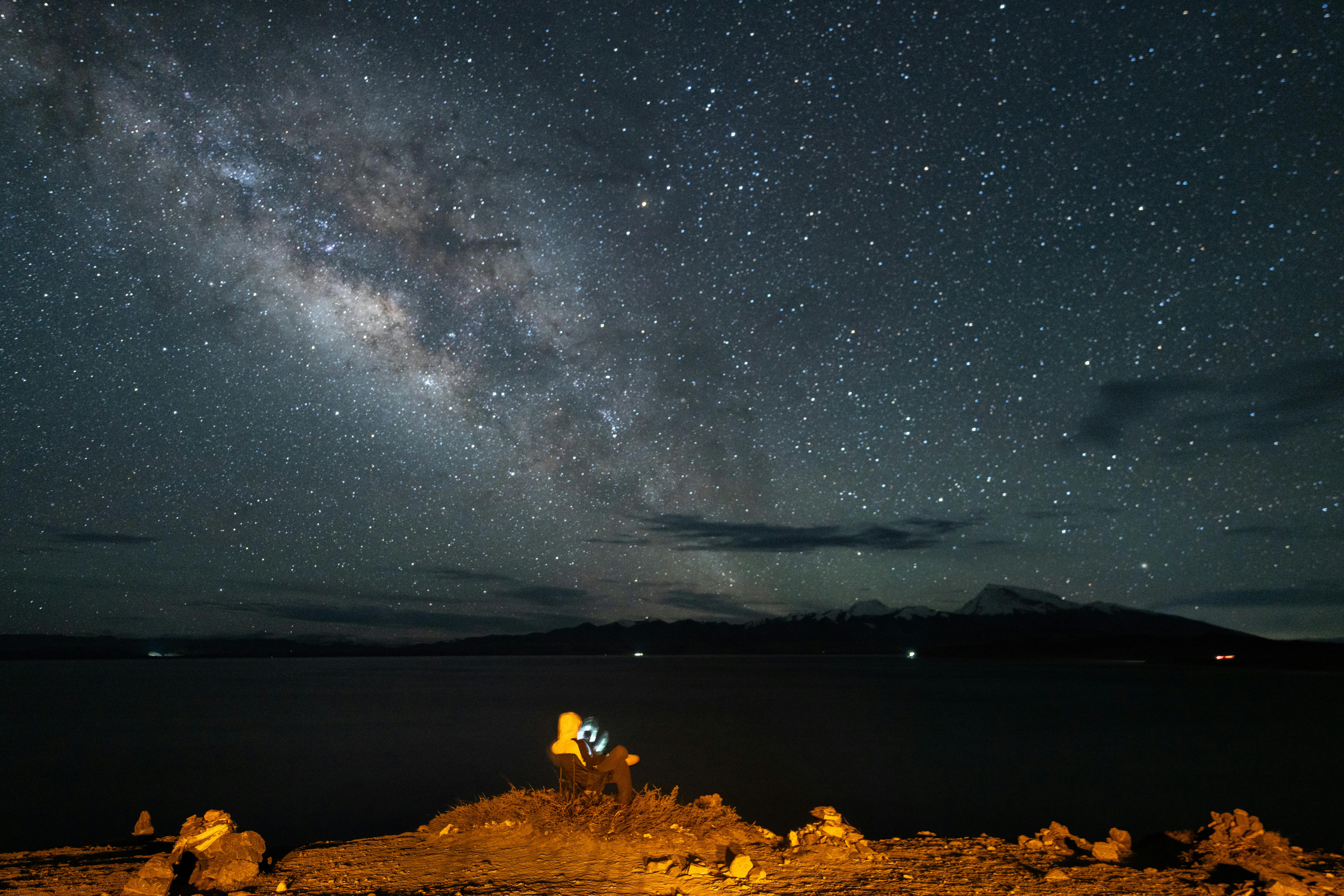 Stargazer Beneath the Milky Way Galaxy Night Sky · Free Stock Photo