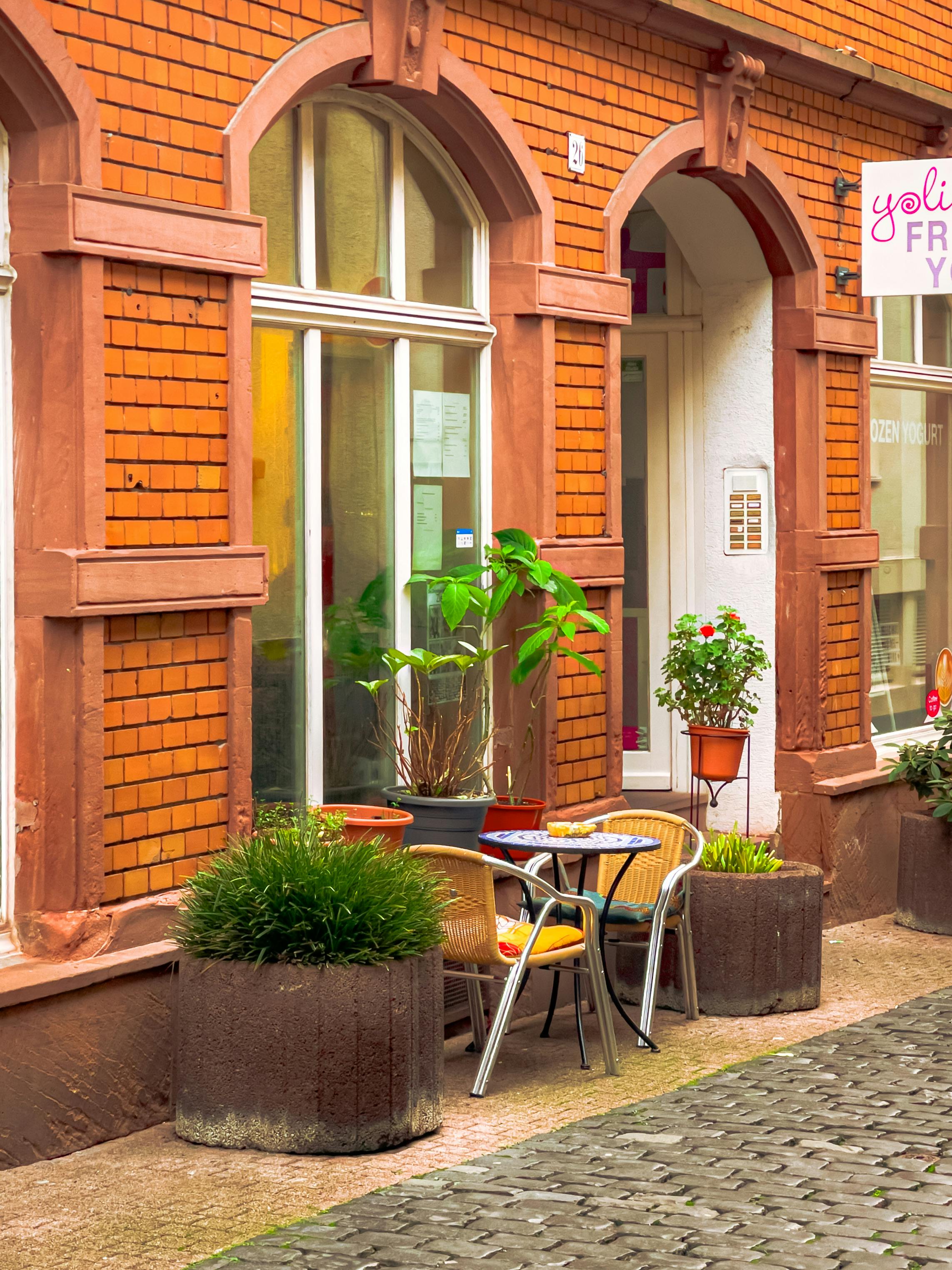 Charming Outdoor Café Setting with Plants and Chairs · Free Stock Photo