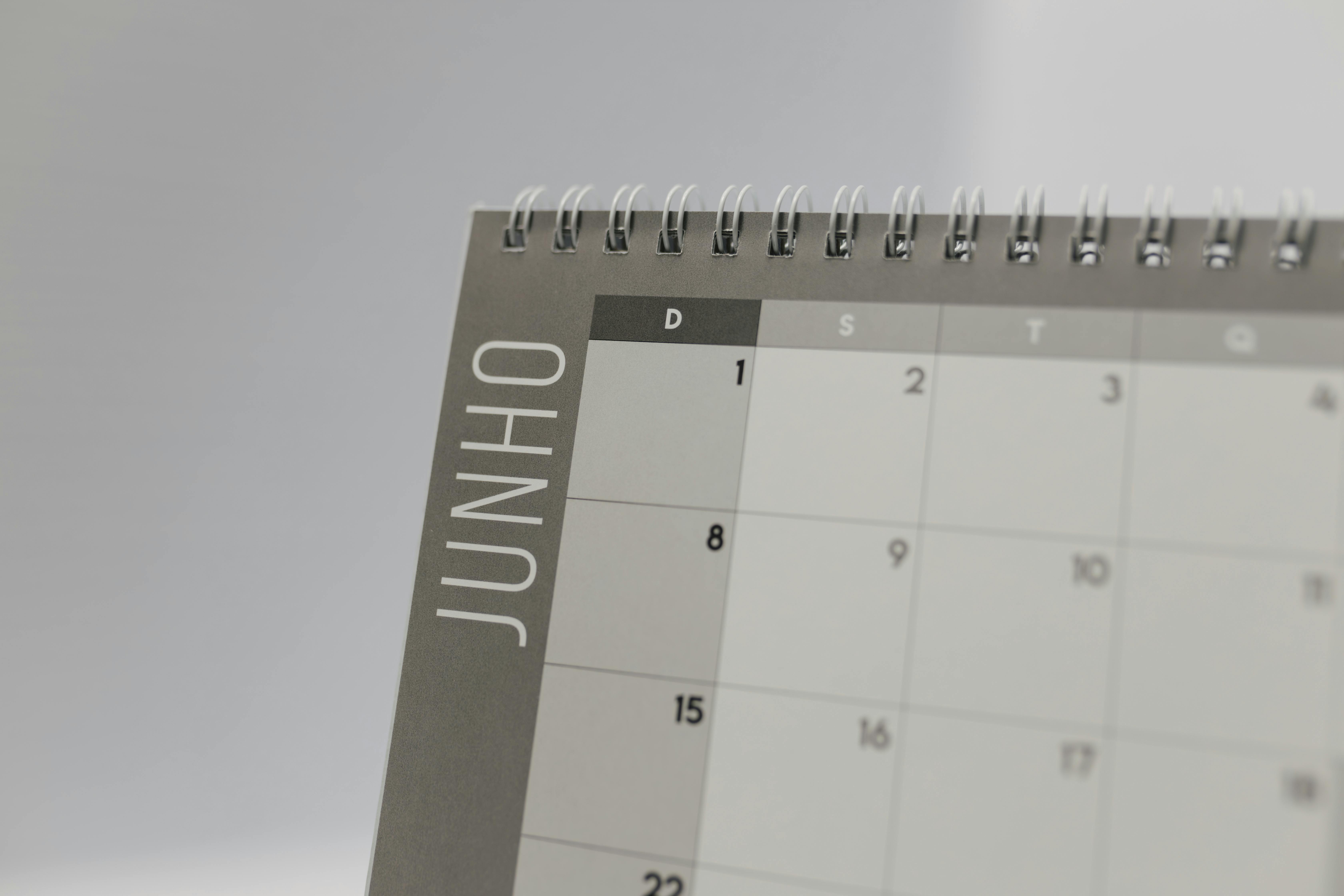 Close-up of June Calendar Page with Spiral Binding · Free Stock Photo
