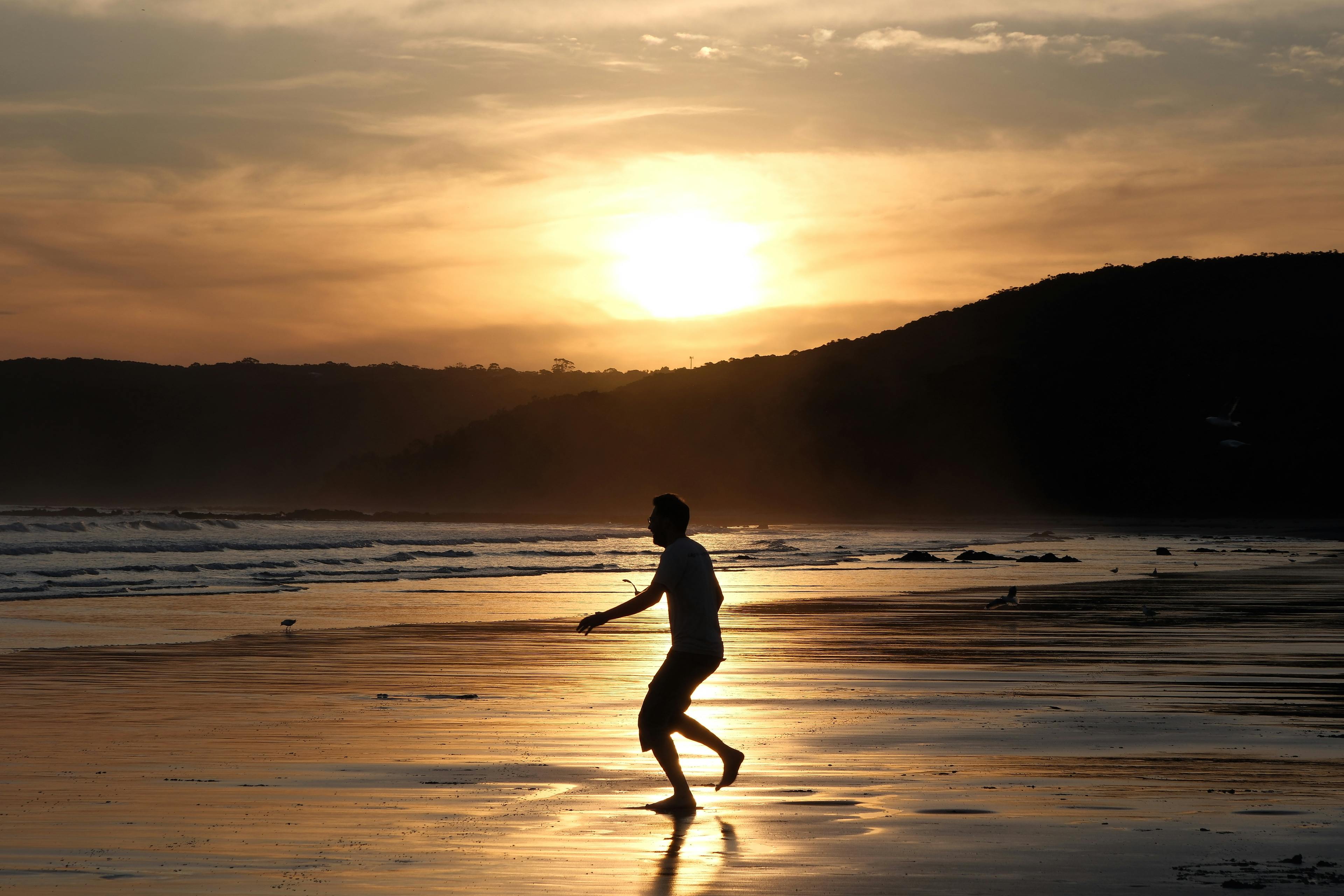 Silhouette of Person Walking on Beach at Sunset · Free Stock Photo