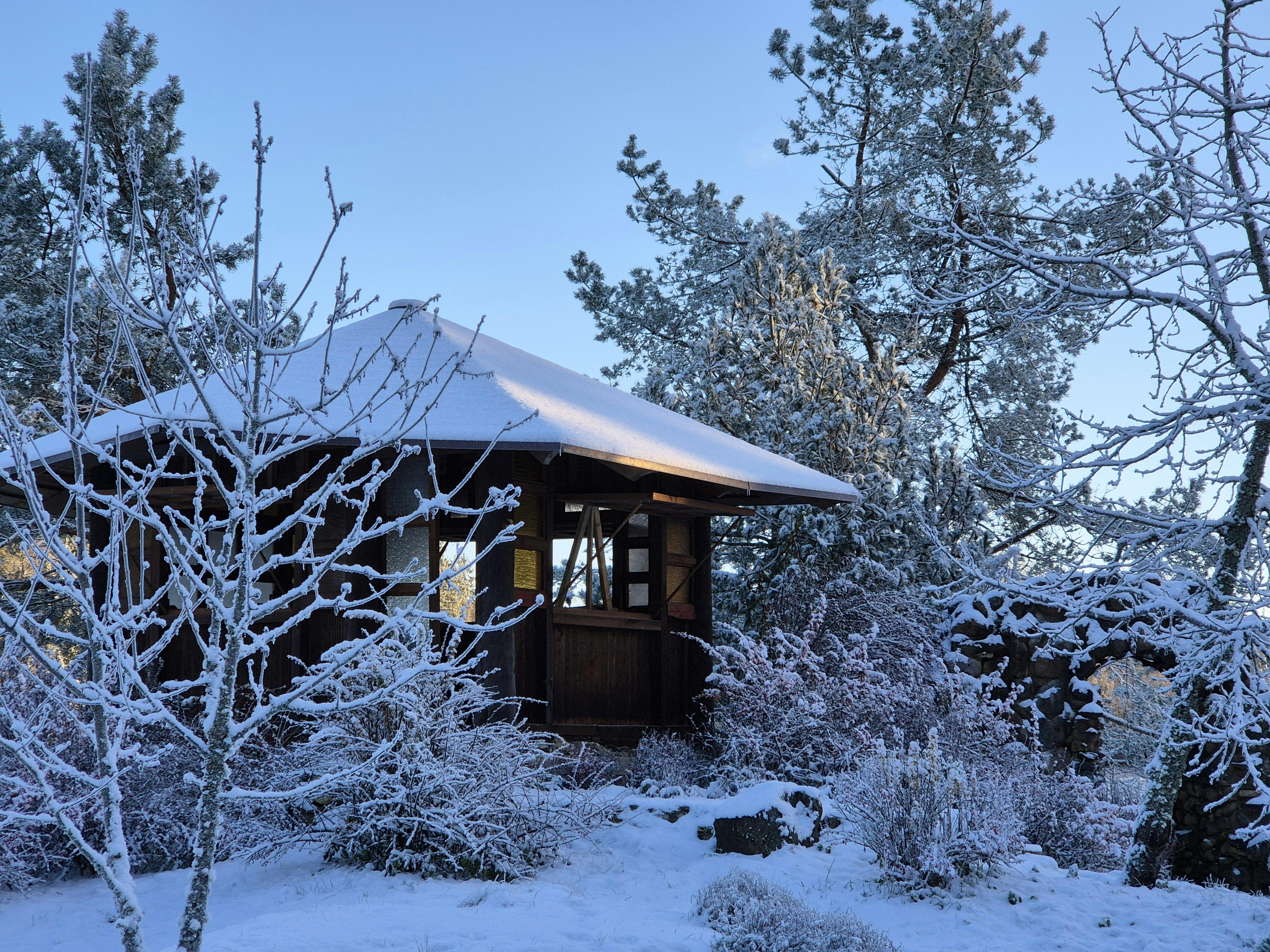 Snow-Covered Gazebo in Winter Landscape · Free Stock Photo