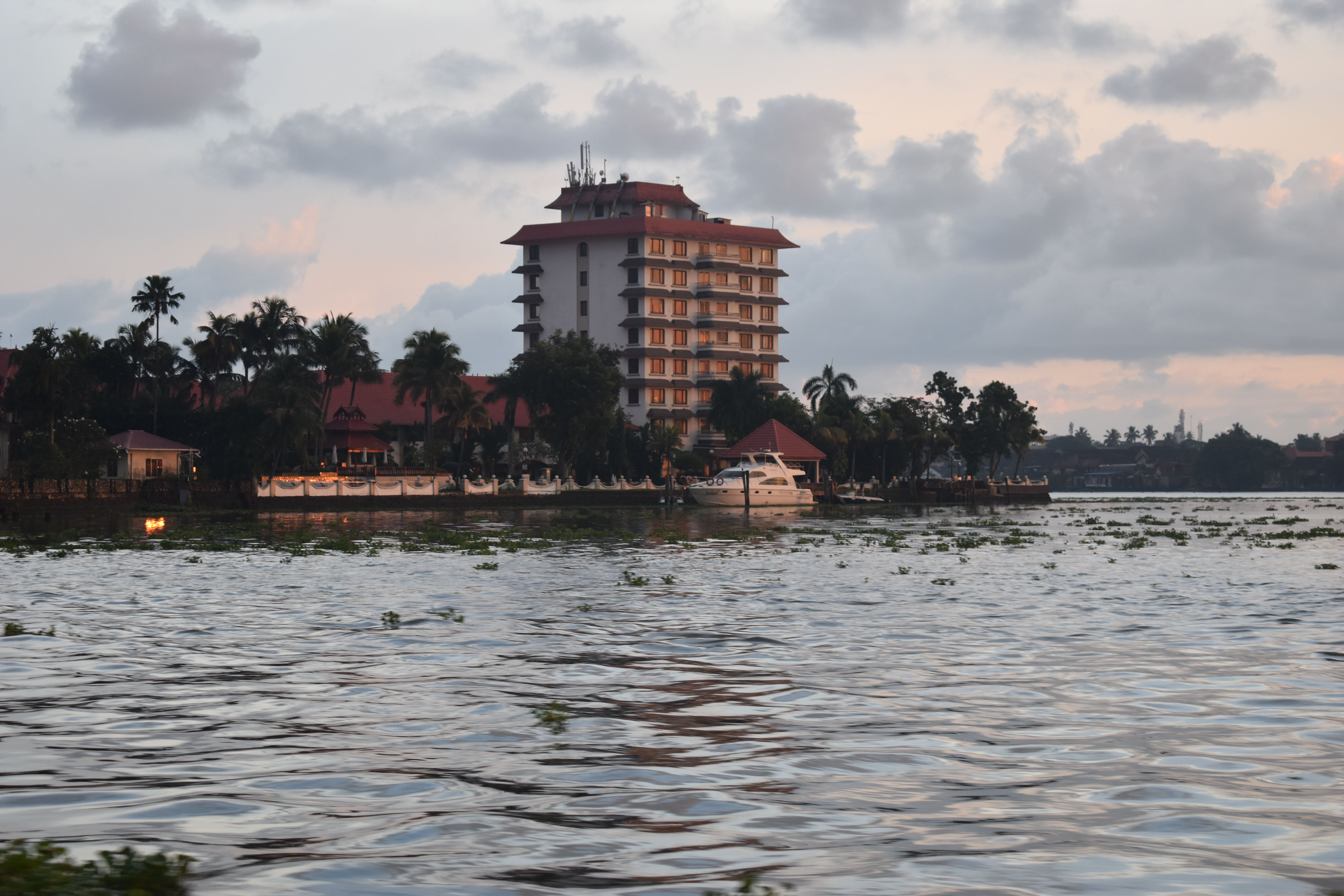 Riverside View with Hotel and Palm Trees at Sunset · Free Stock Photo