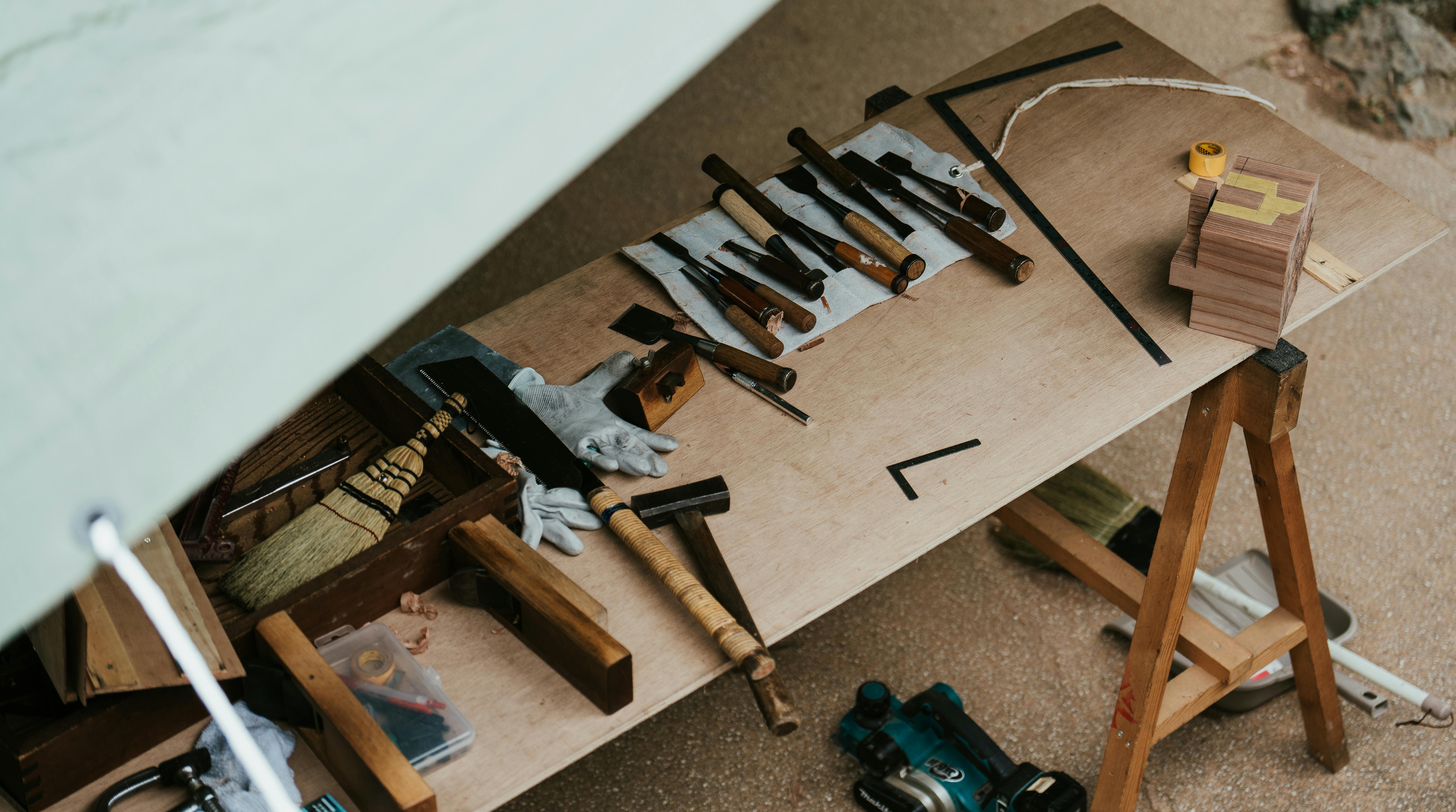 Artisan Woodworking Tools on a Workbench · Free Stock Photo