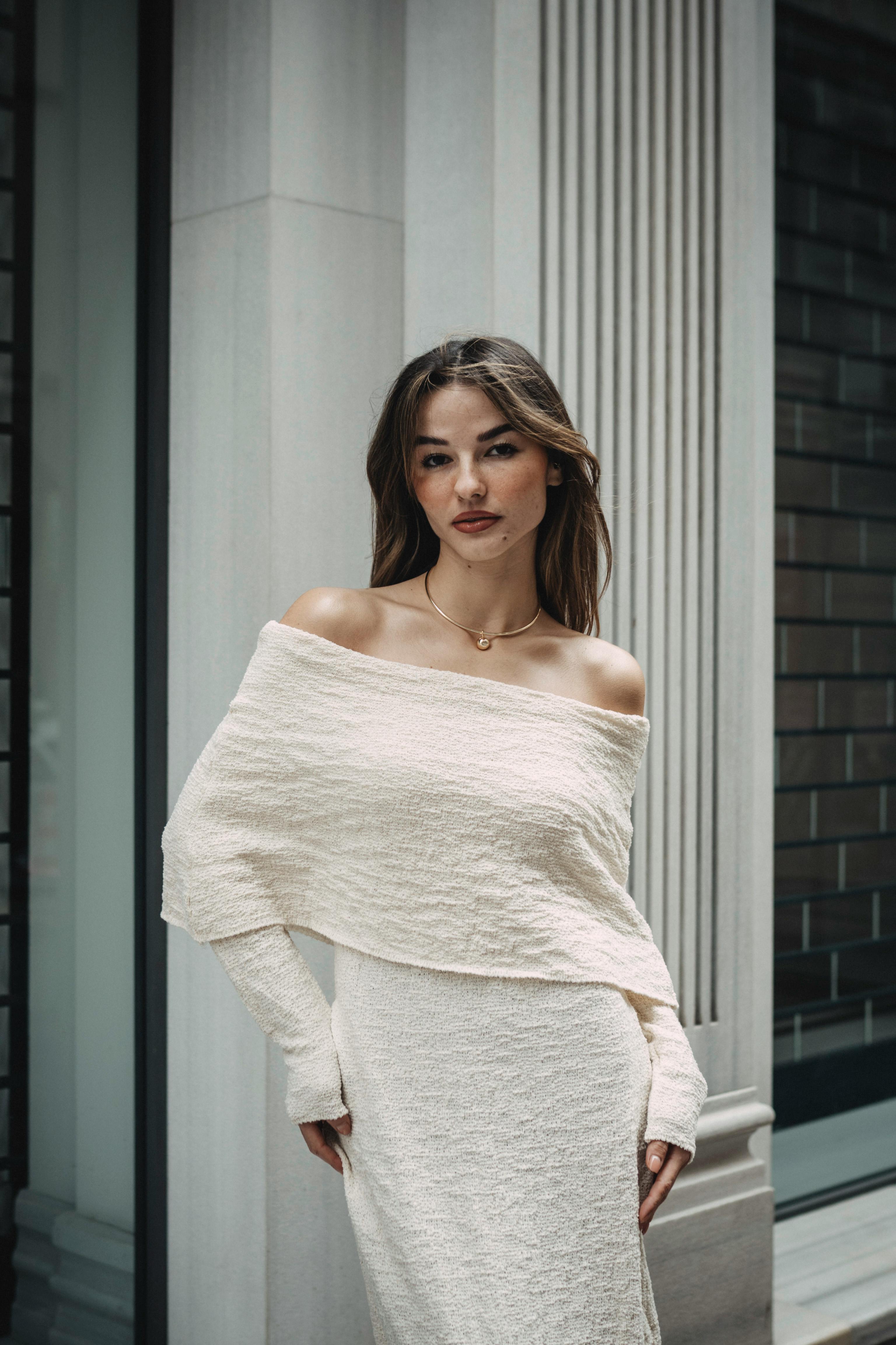 Elegant Woman Posing in Off-Shoulder Dress Outdoors · Free Stock Photo