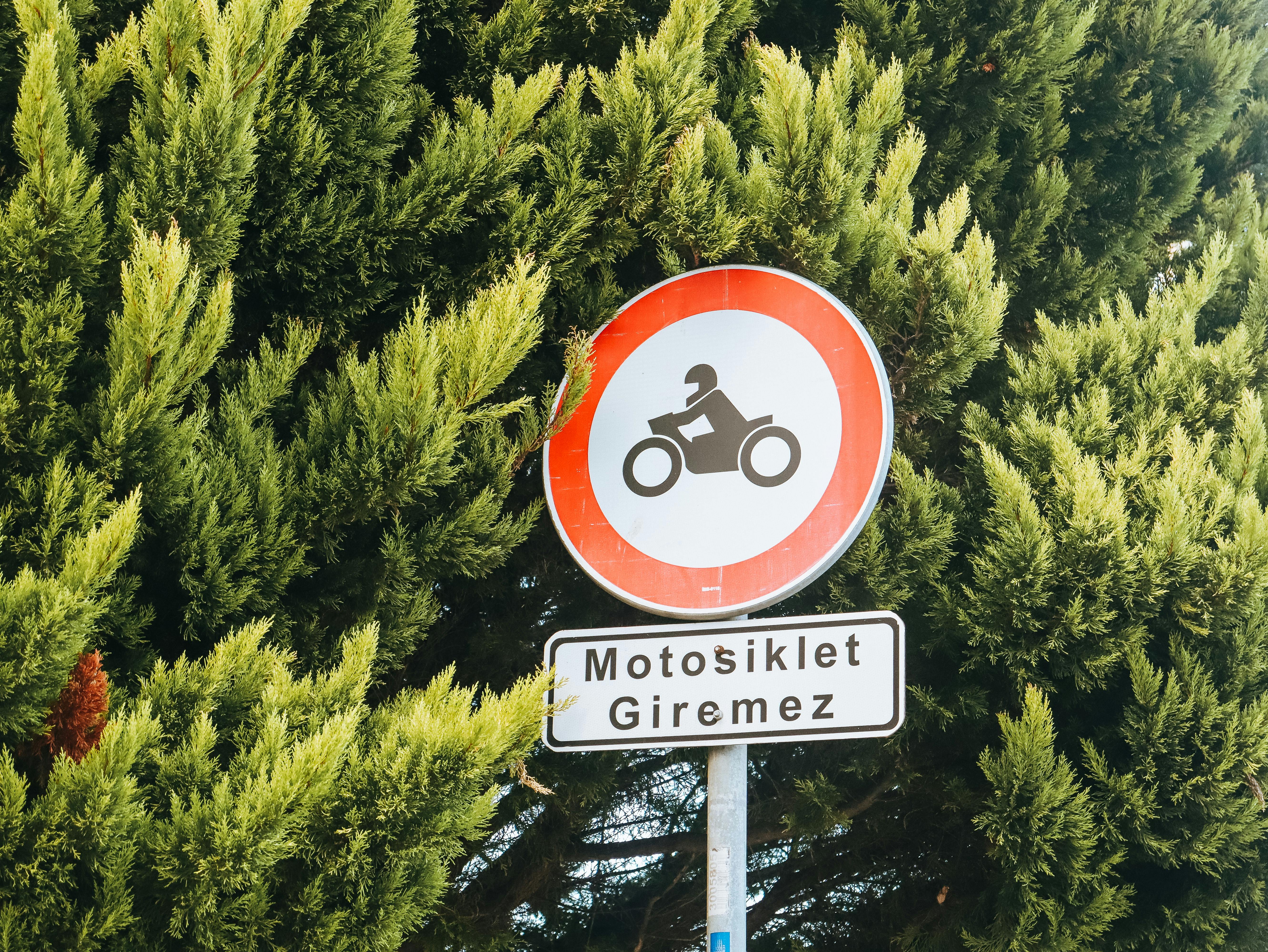 Motorcycle Prohibited Sign in Lush Greenery · Free Stock Photo