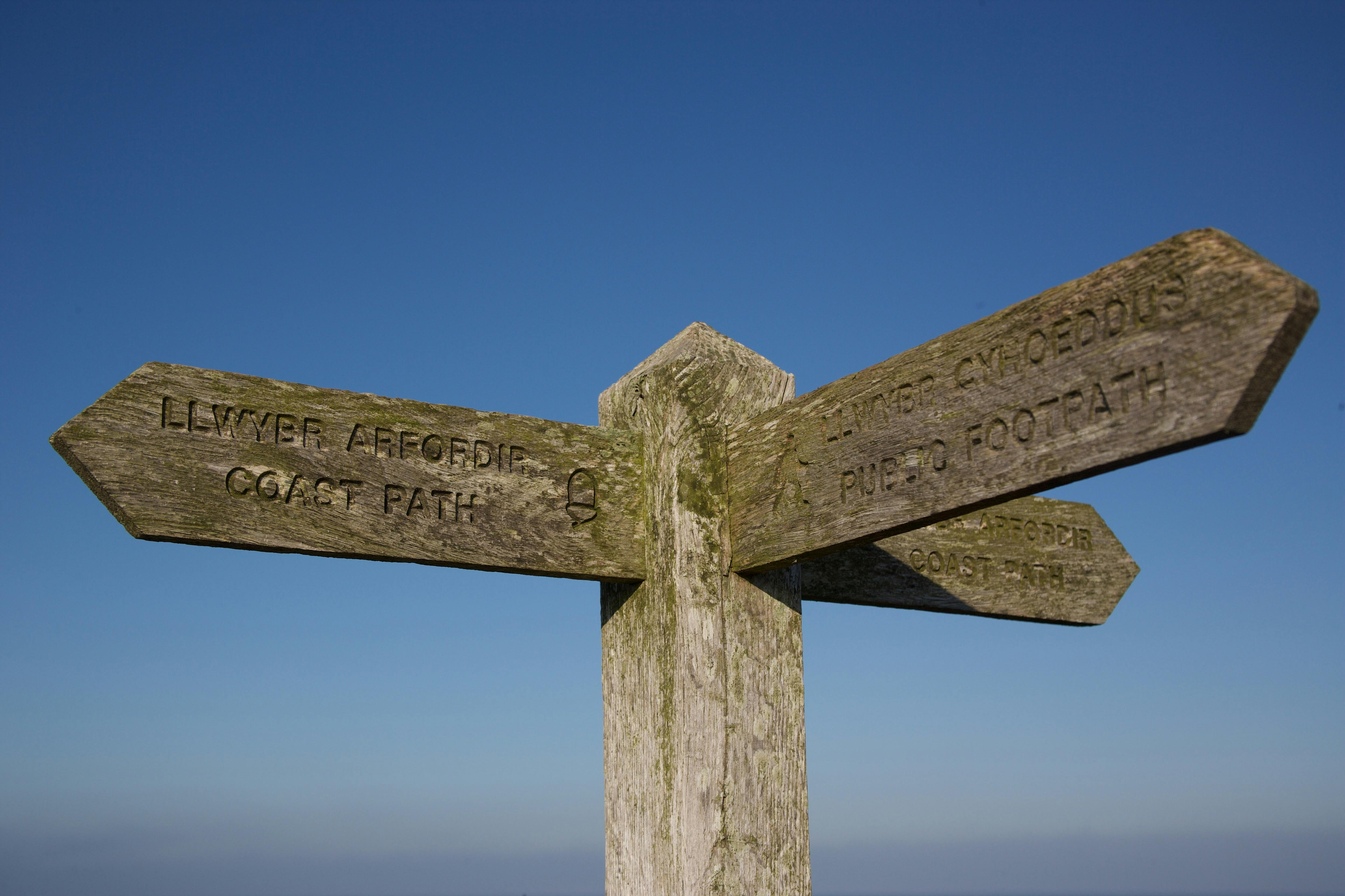 Rustic Wooden Signpost on Welsh Coast Path · Free Stock Photo