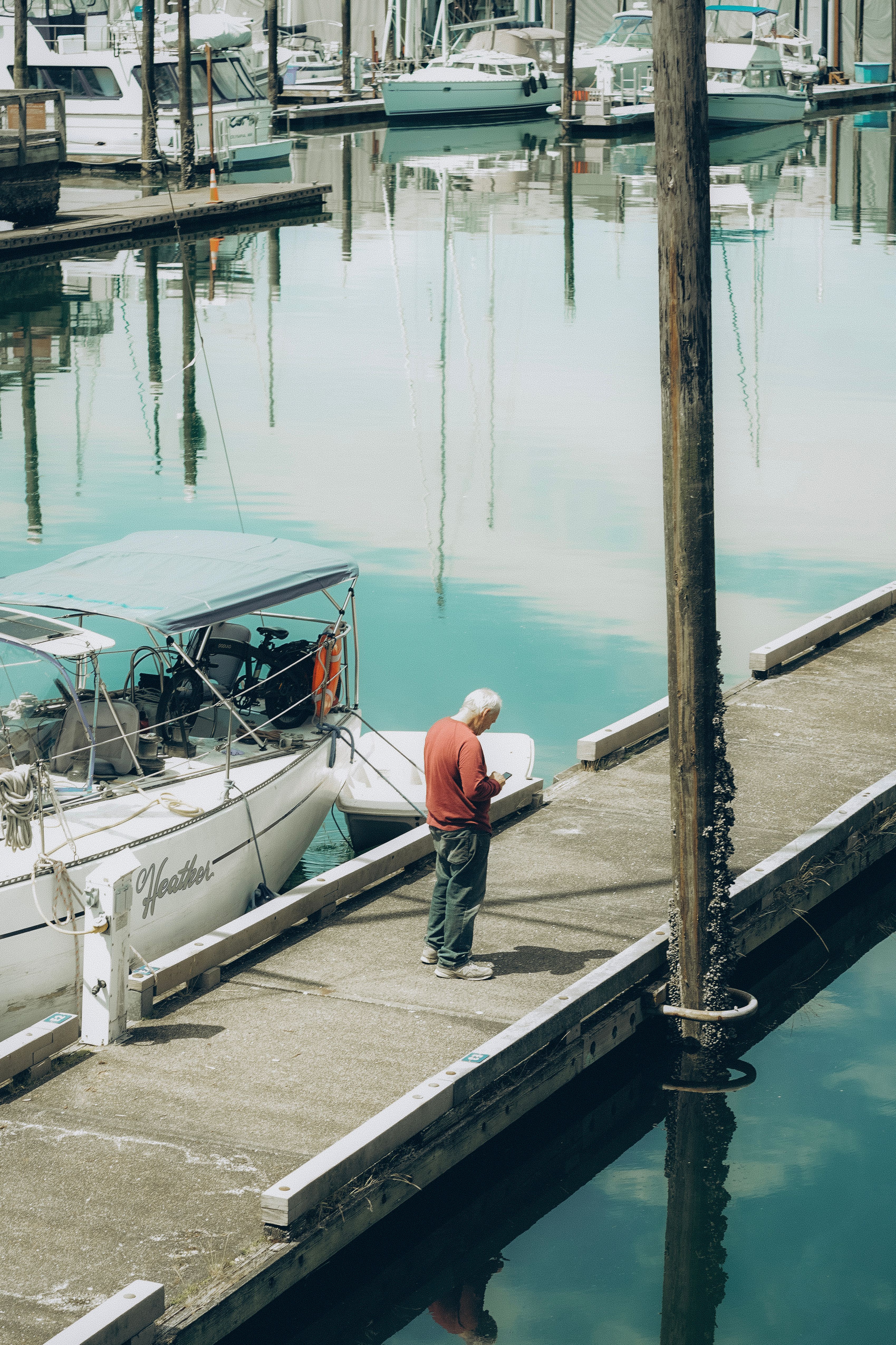 Man Observing Boats at a Calm Marina Dock · Free Stock Photo