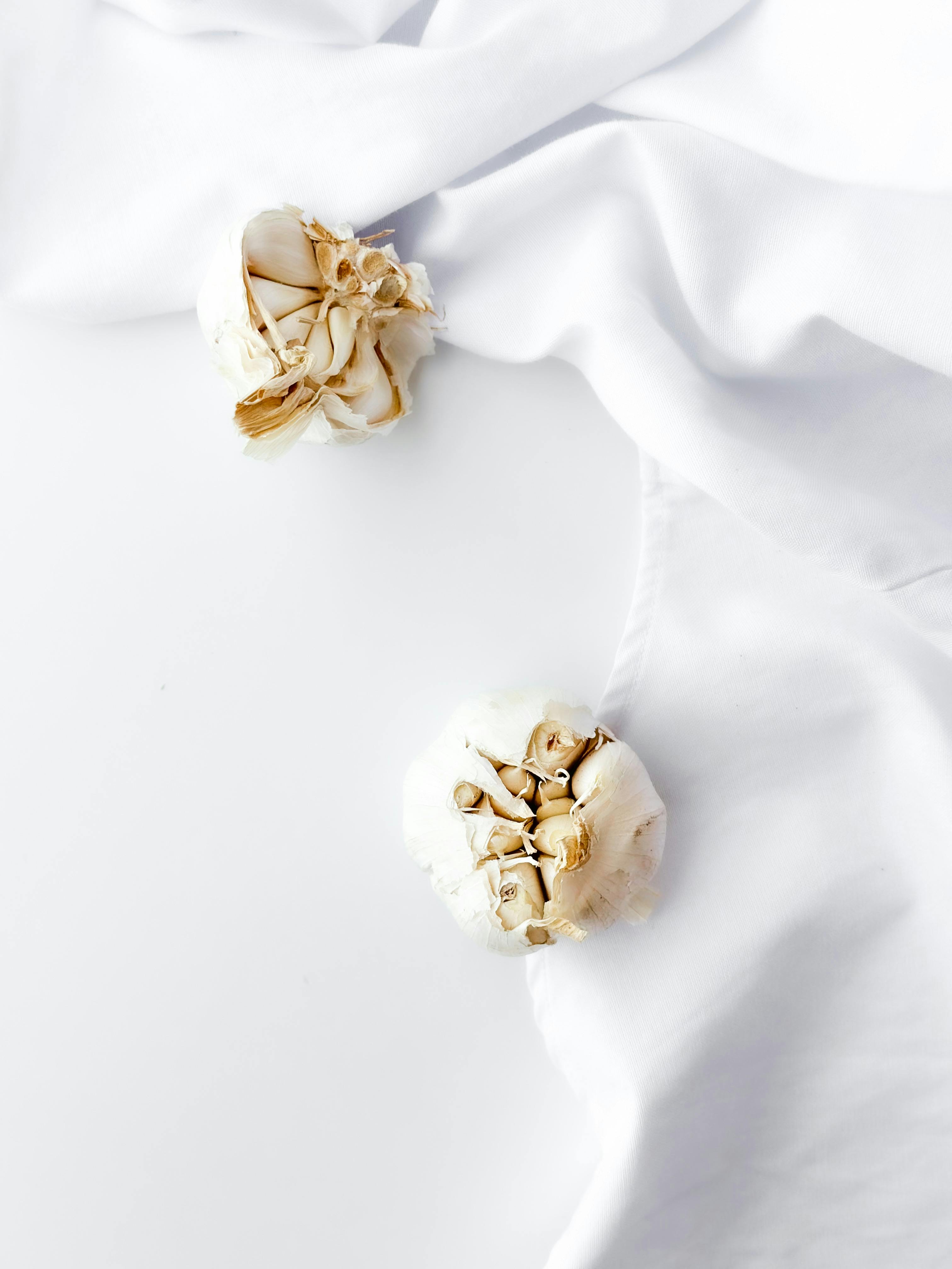 Top view of garlic bulbs on white fabric · Free Stock Photo