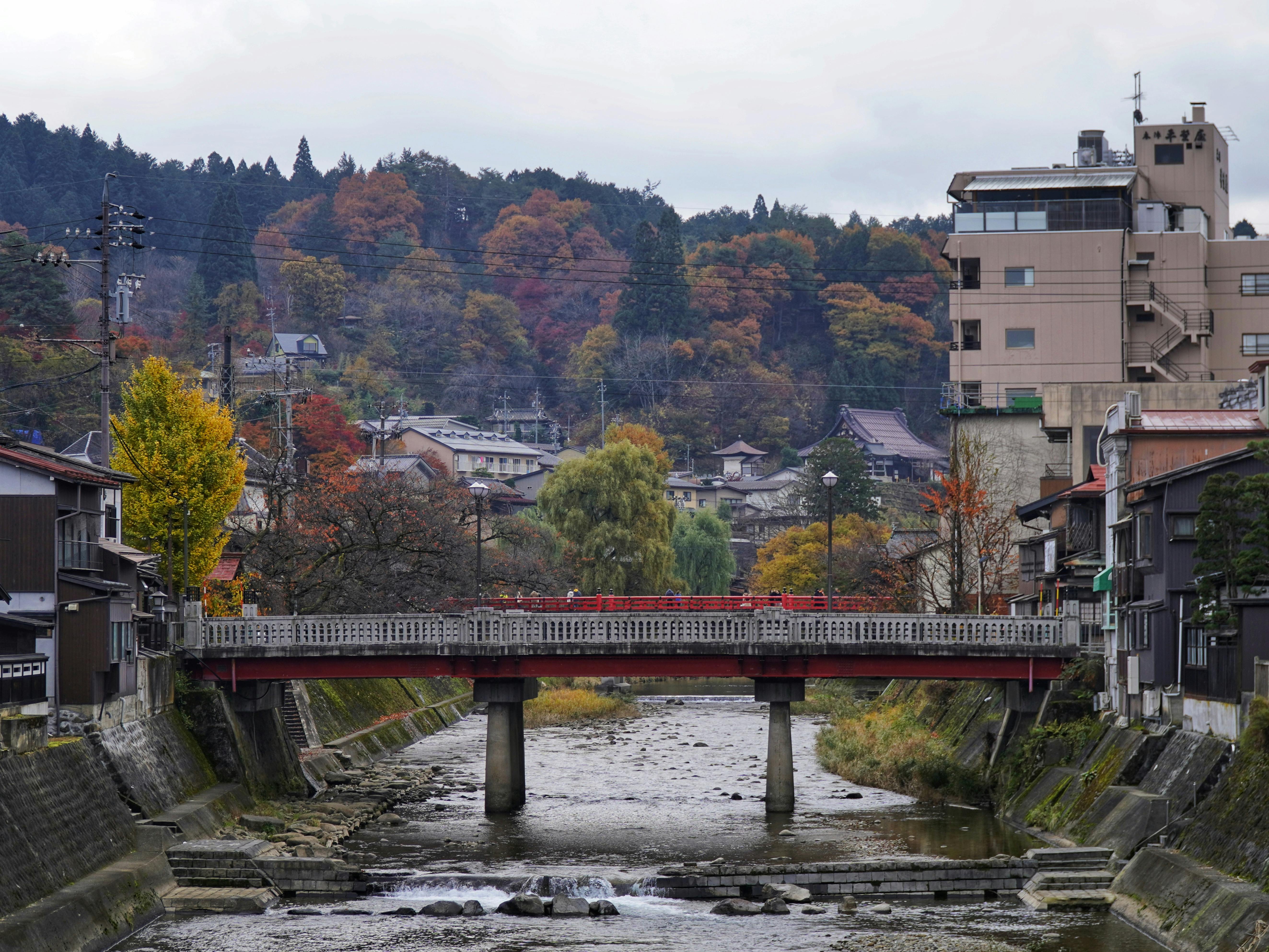 Scenic bridge over river in Japanese town during fall · Free Stock Photo
