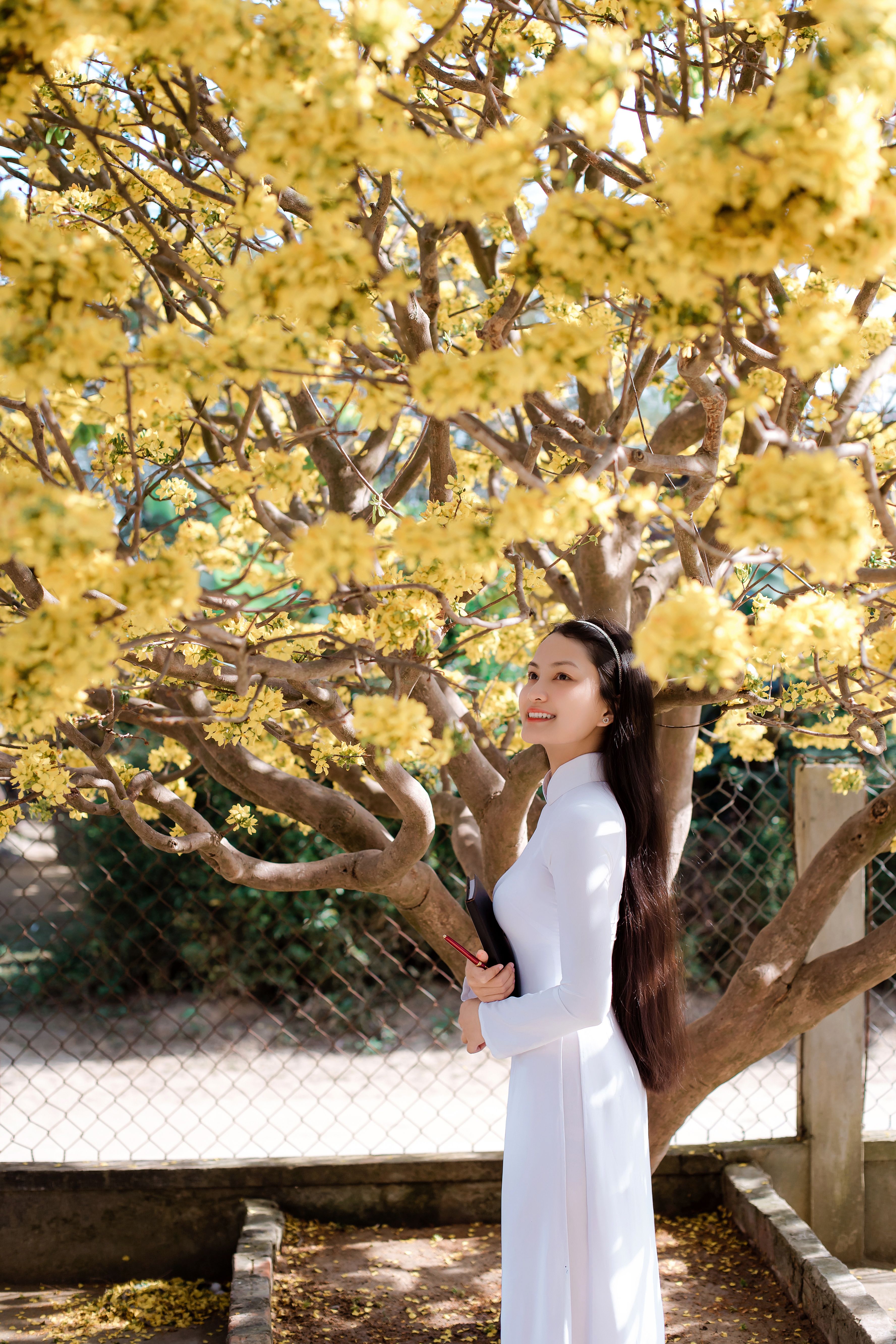 Young Woman in Traditional Dress Beside Blossoming Tree · Free Stock Photo