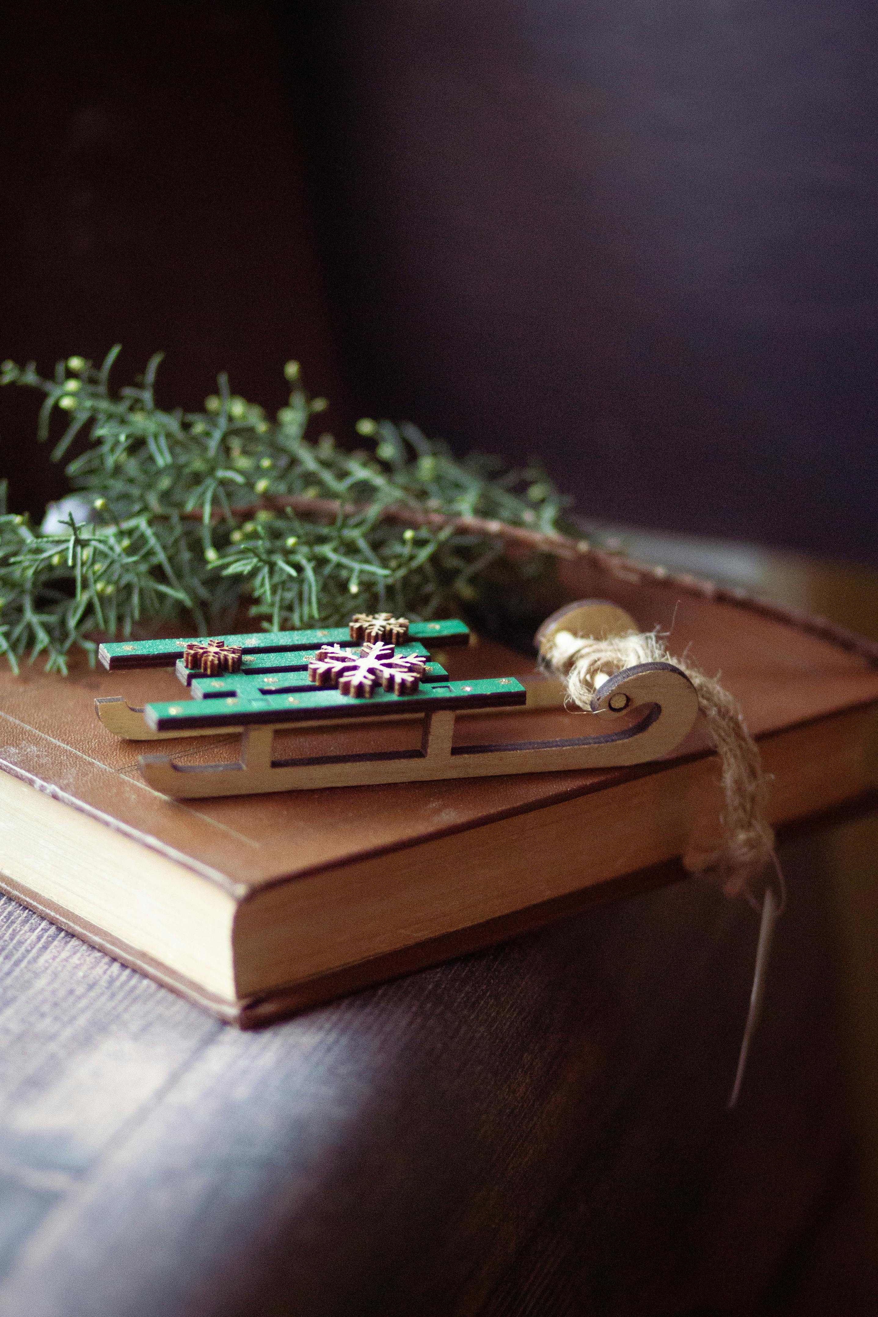 Festive Wooden Sled on Rustic Book with Greenery · Free Stock Photo