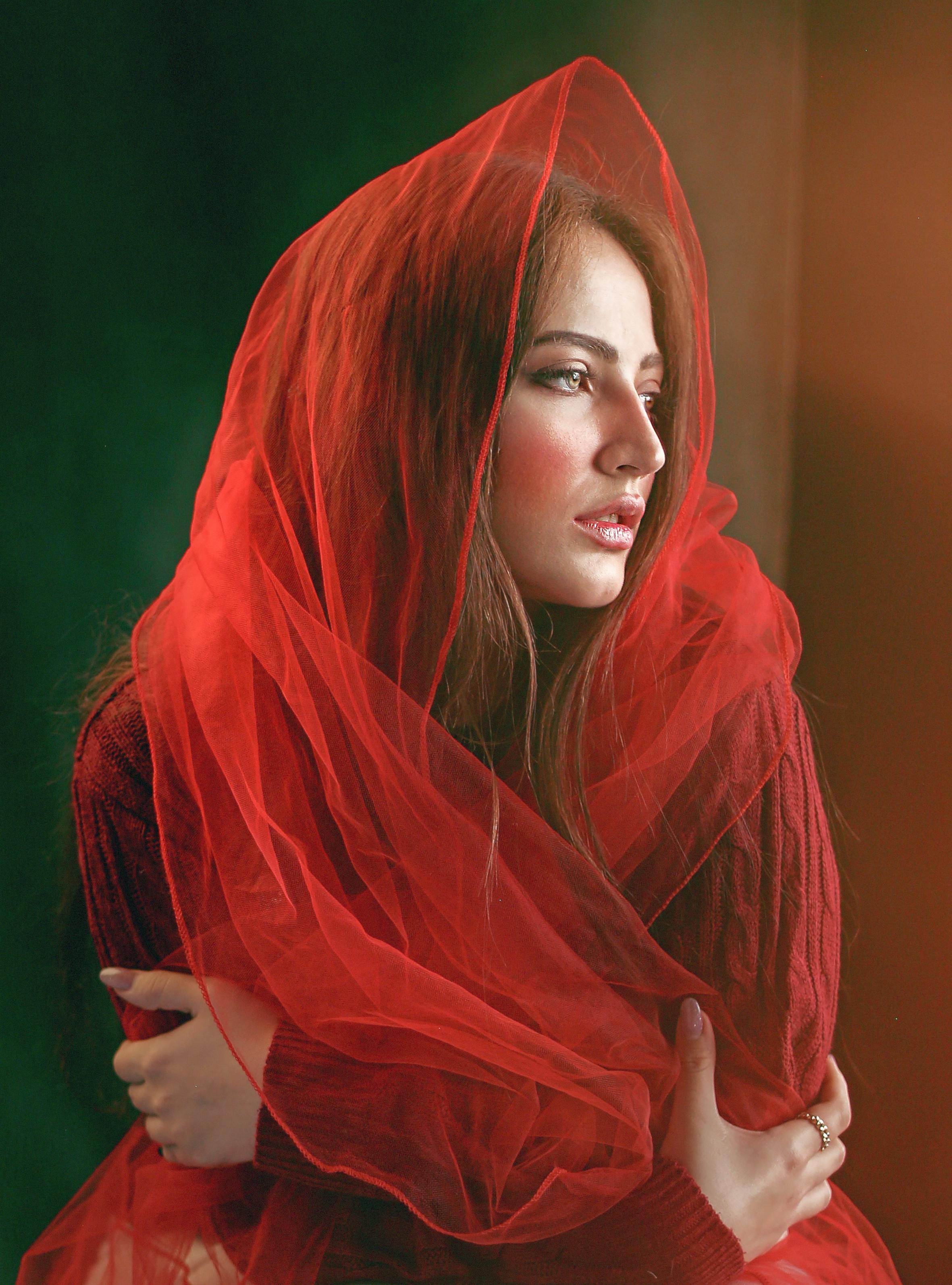 Portrait of Woman in Red Veil with Ambient Light · Free Stock Photo