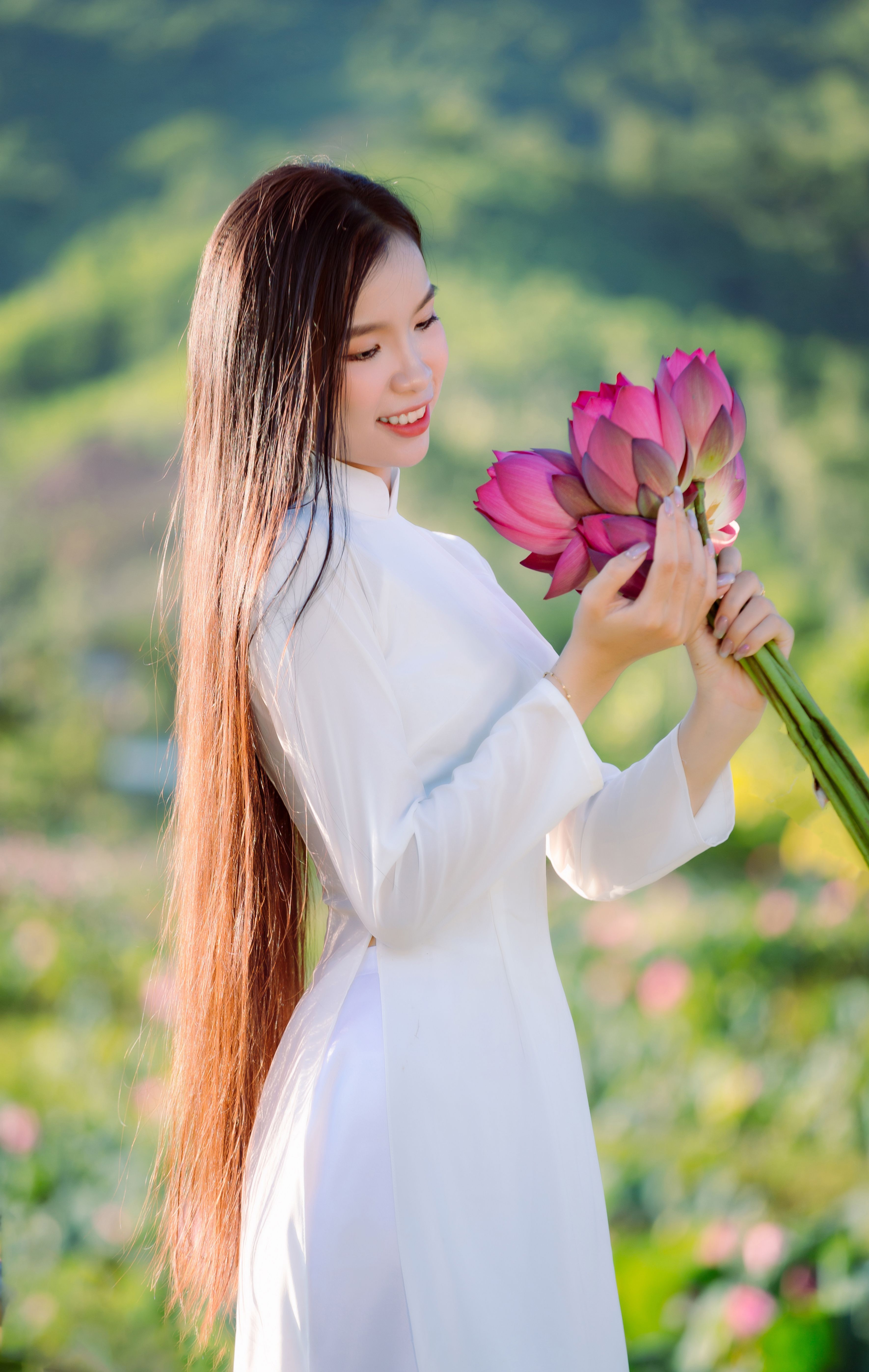 Elegant Woman Holding Lotus Flowers in Hoi An · Free Stock Photo