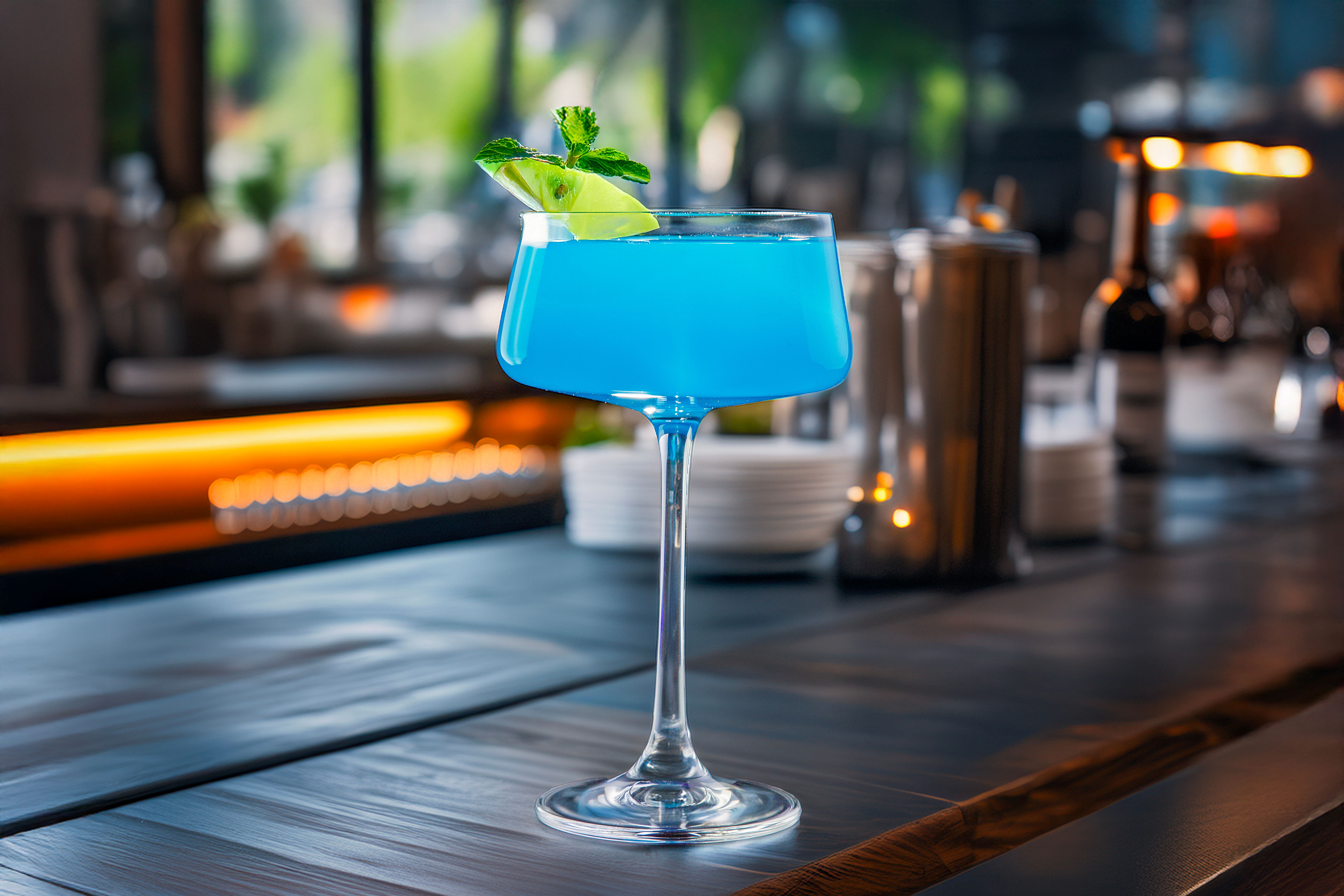 Elegant Blue Cocktail on a Bar Counter · Free Stock Photo