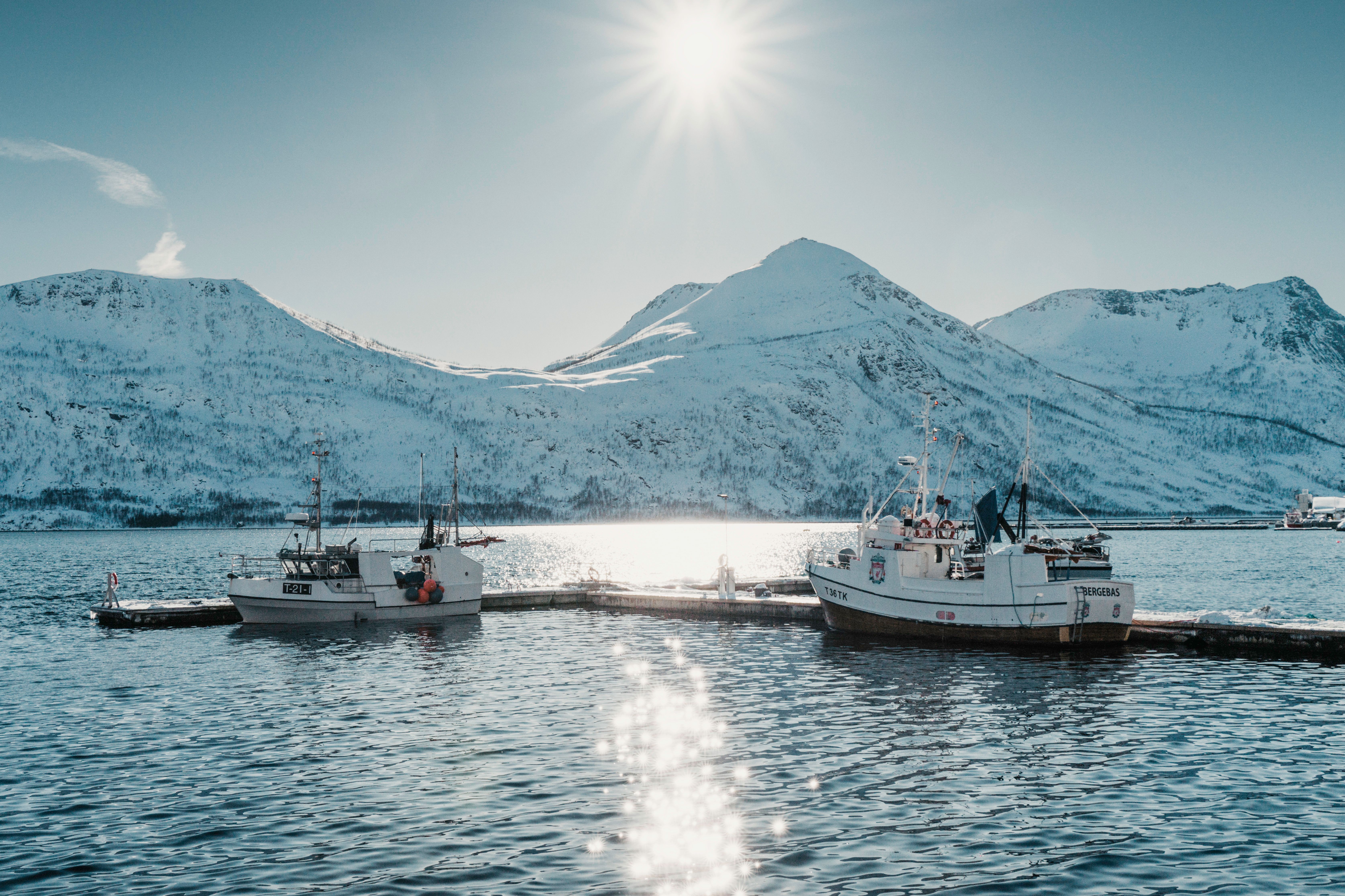 Fishing Boats in Snowy Arctic Harbor at Sunrise · Free Stock Photo