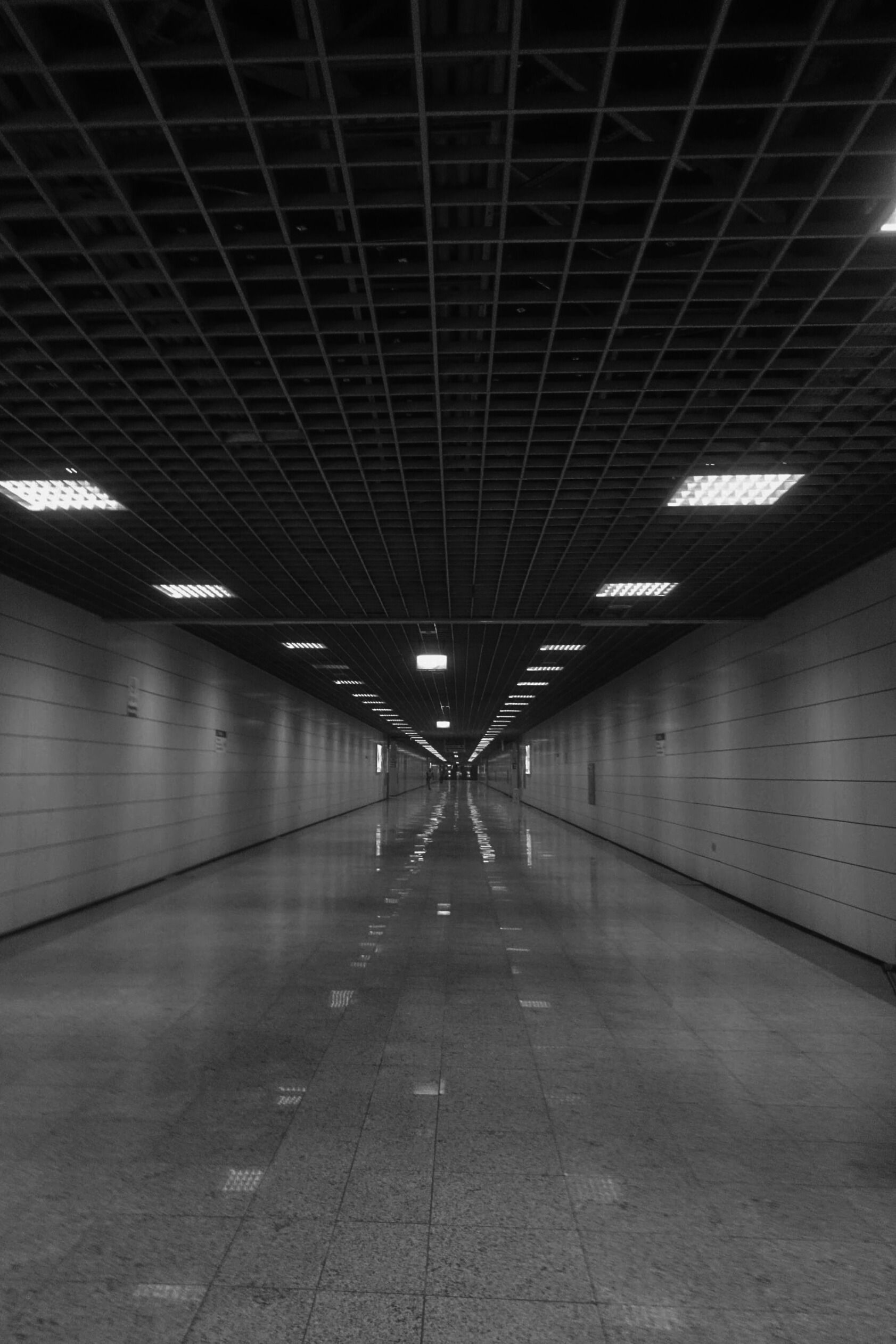 Monochrome Underground Corridor with Fluorescent Lights · Free Stock Photo