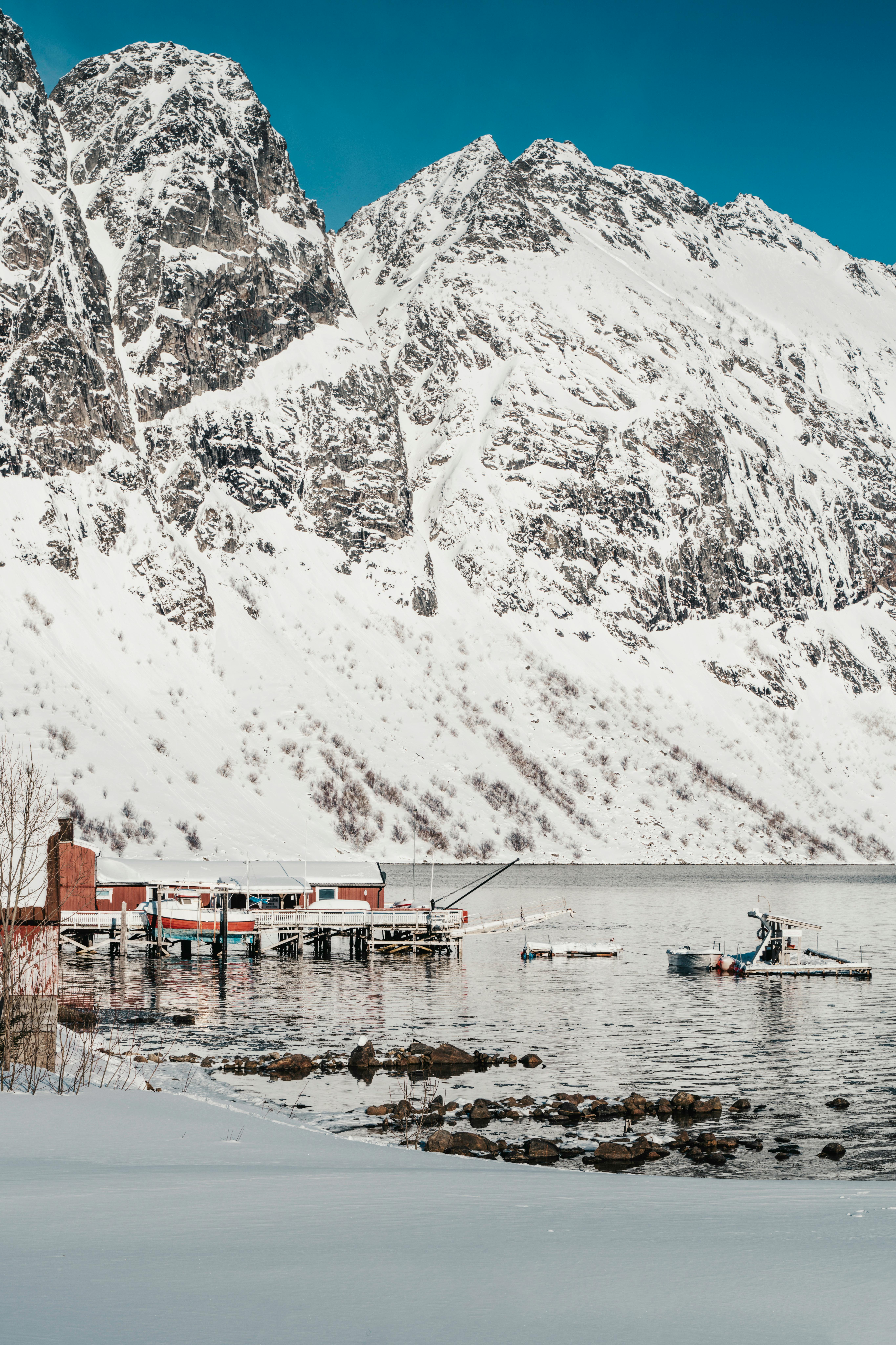 Snow-Covered Norwegian Fishing Harbor in Winter · Free Stock Photo