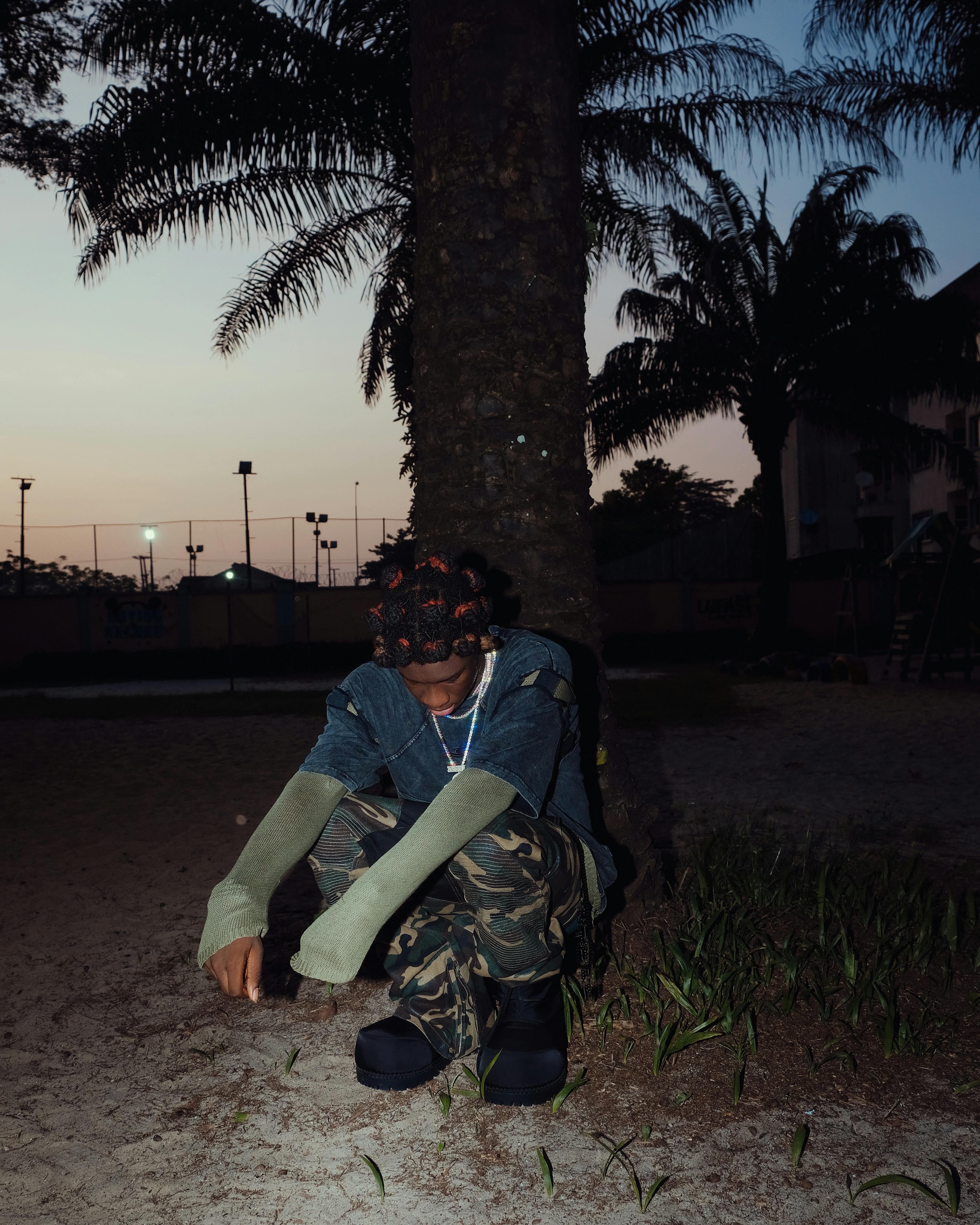 Person Sitting Against Palm Tree at Dusk · Free Stock Photo