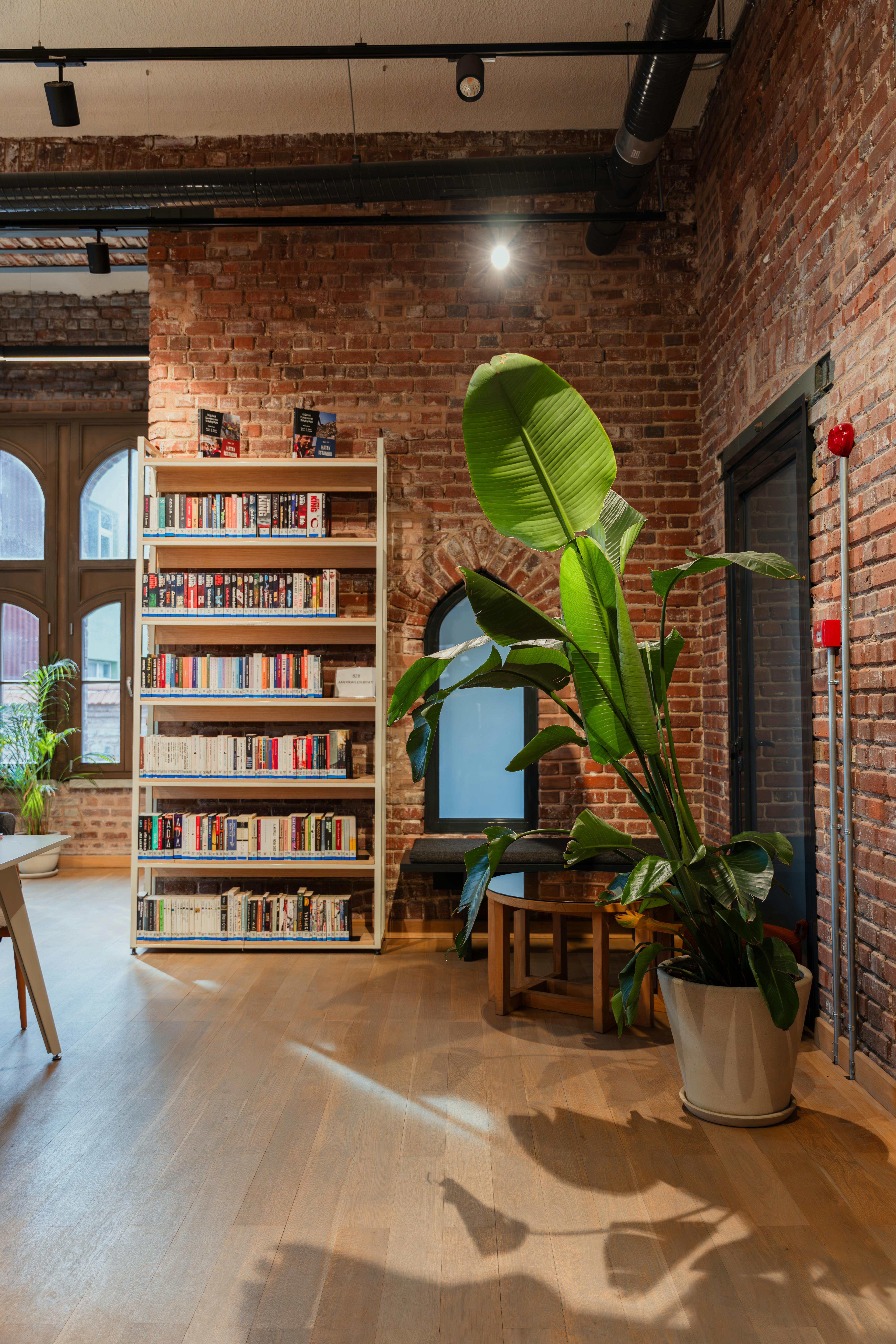 Cozy Modern Library Interior with Brick Walls · Free Stock Photo