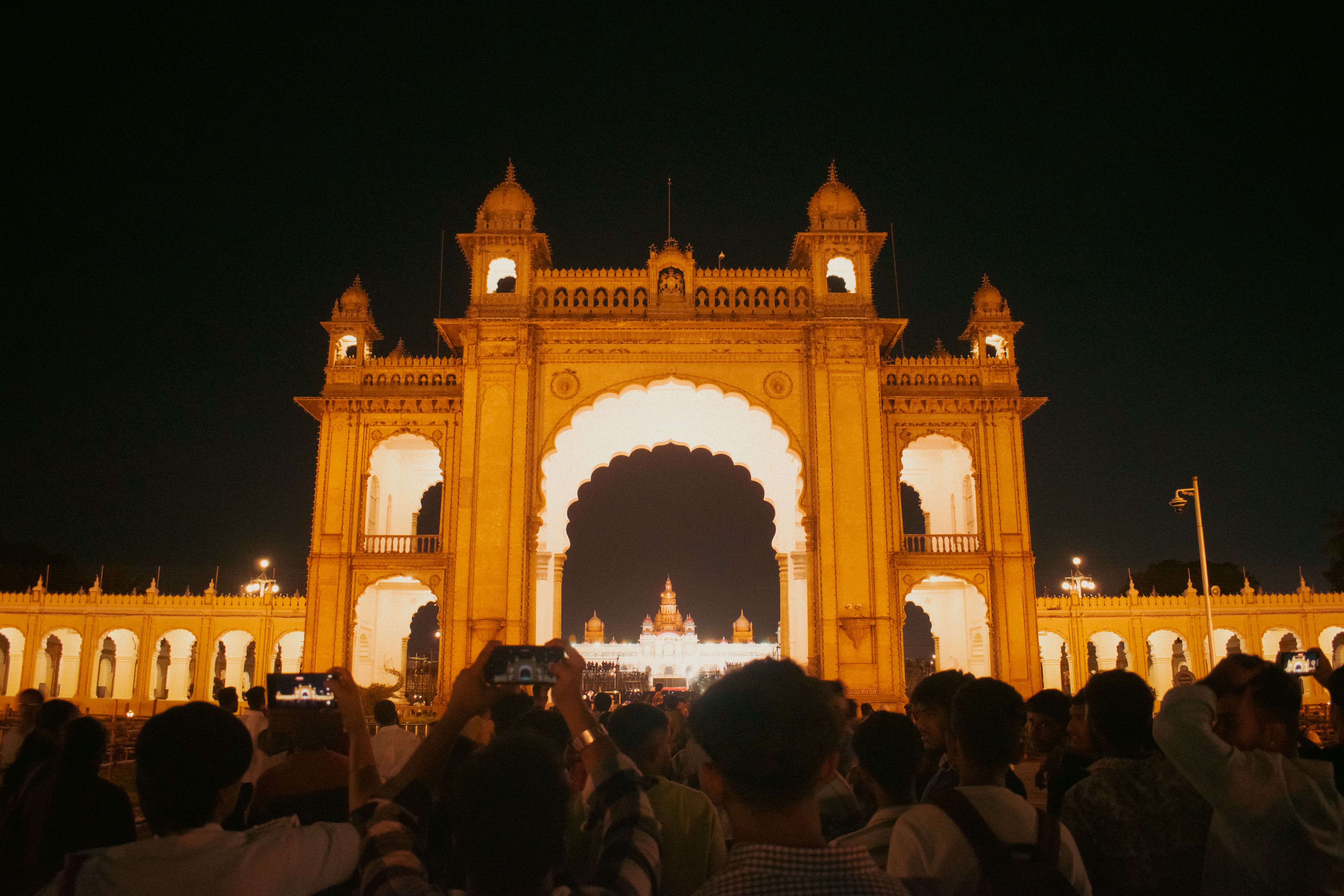 Majestic Night View of Mysore Palace Entrance · Free Stock Photo
