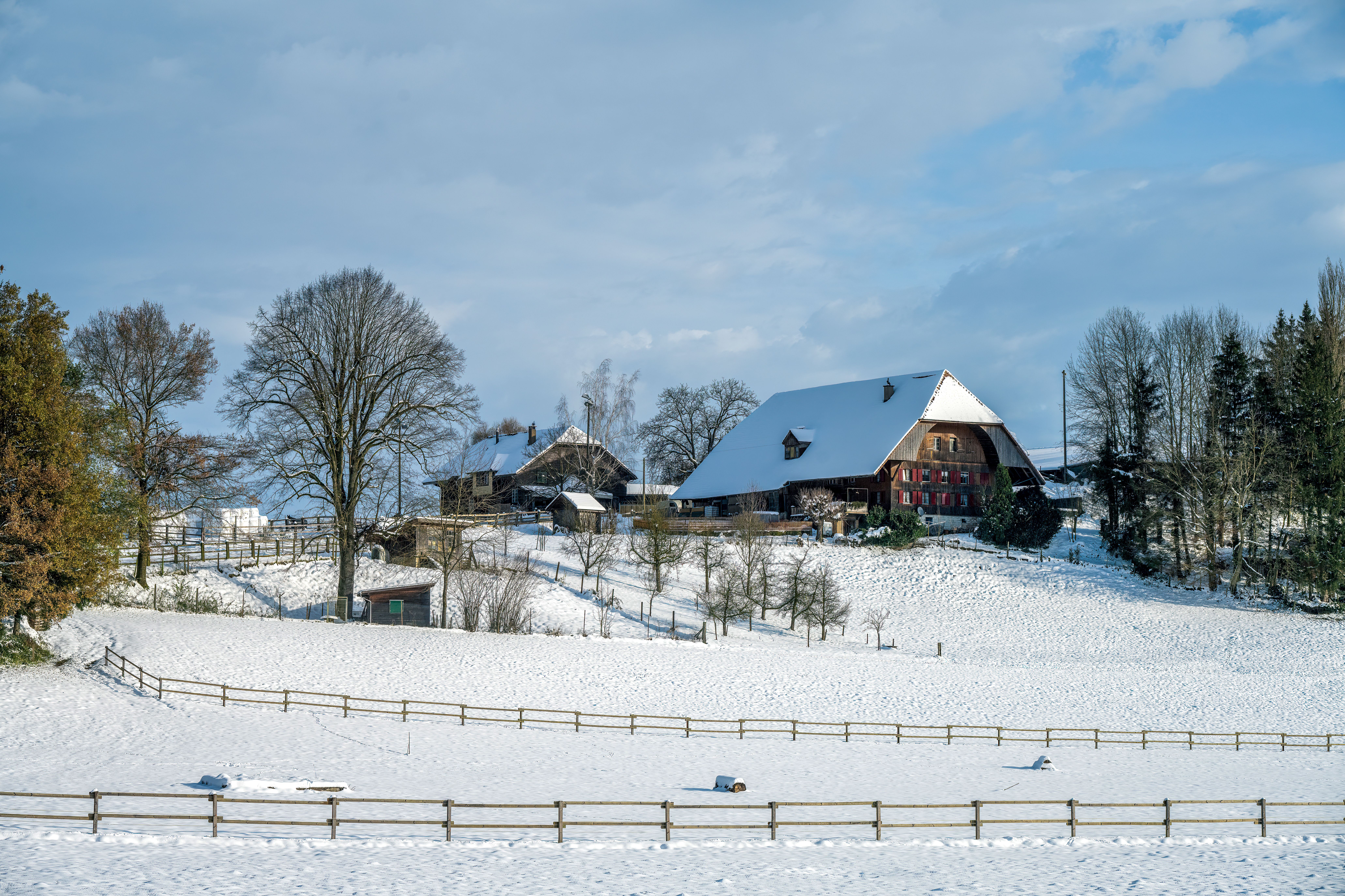 Scenic Winter Farmhouse in Snow-Covered Landscape · Free Stock Photo