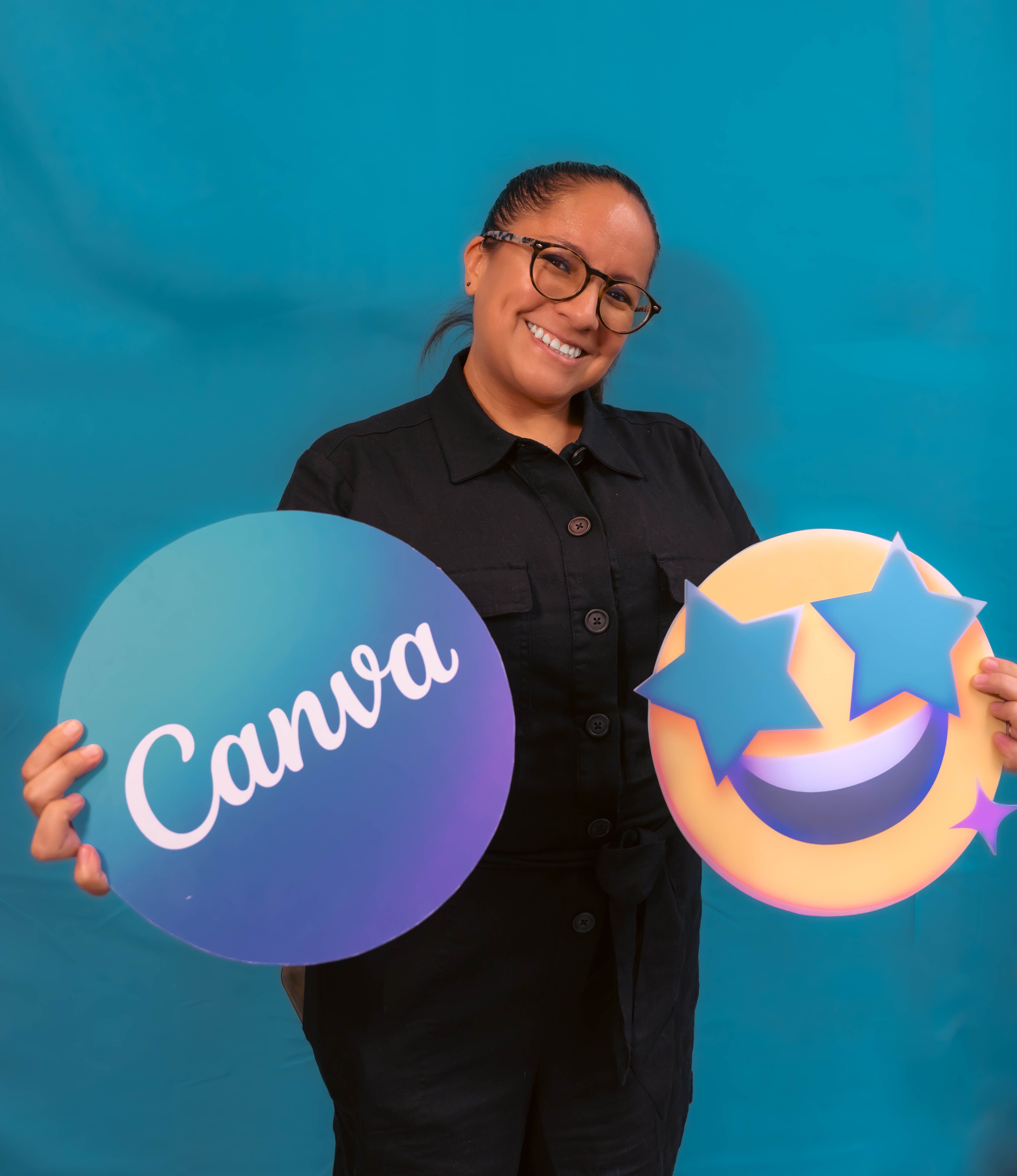 Smiling Woman Holding Creative Signs against Blue Background · Free ...