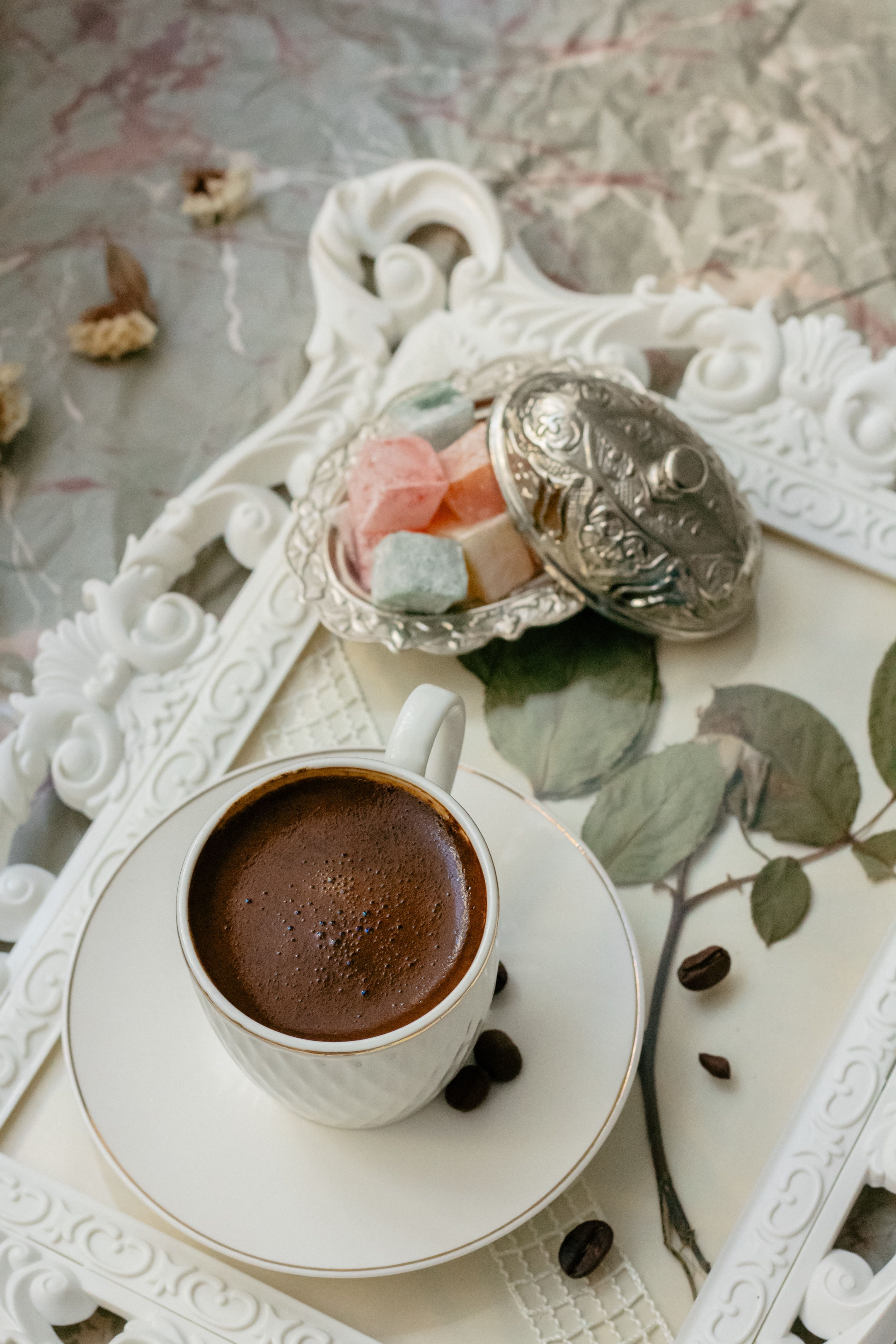 Elegant Coffee Cup with Turkish Delight and Tray · Free Stock Photo