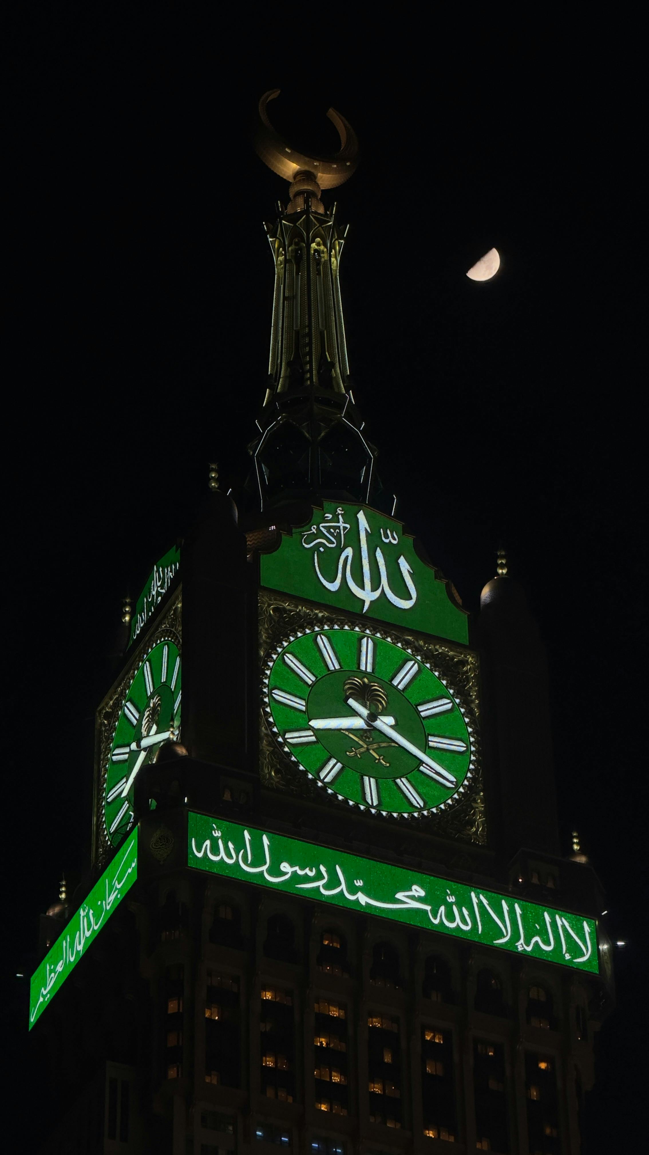 Makkah Royal Clock Tower at Night with Crescent Moon · Free Stock Photo