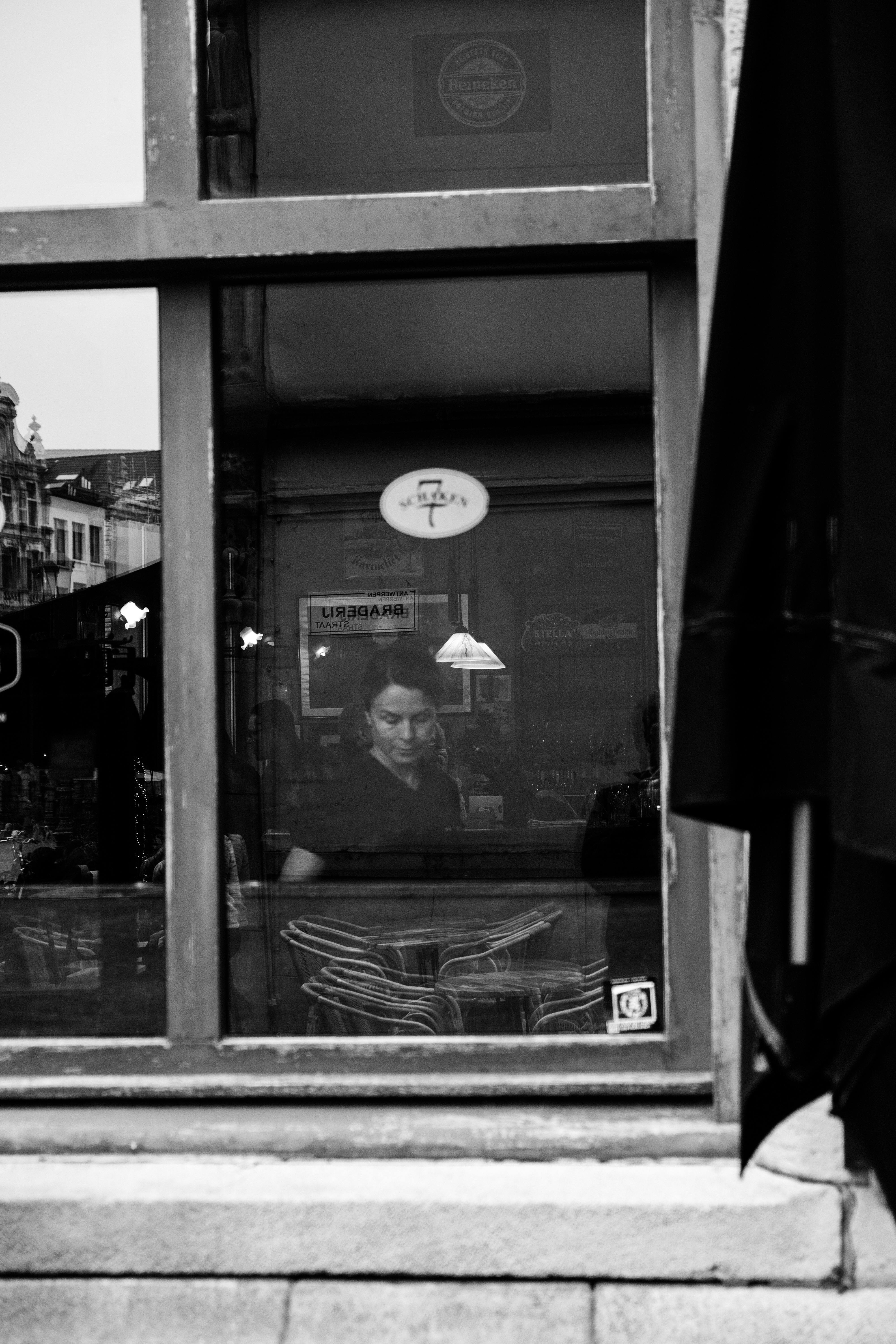 Moody Black and White Café Reflection · Free Stock Photo
