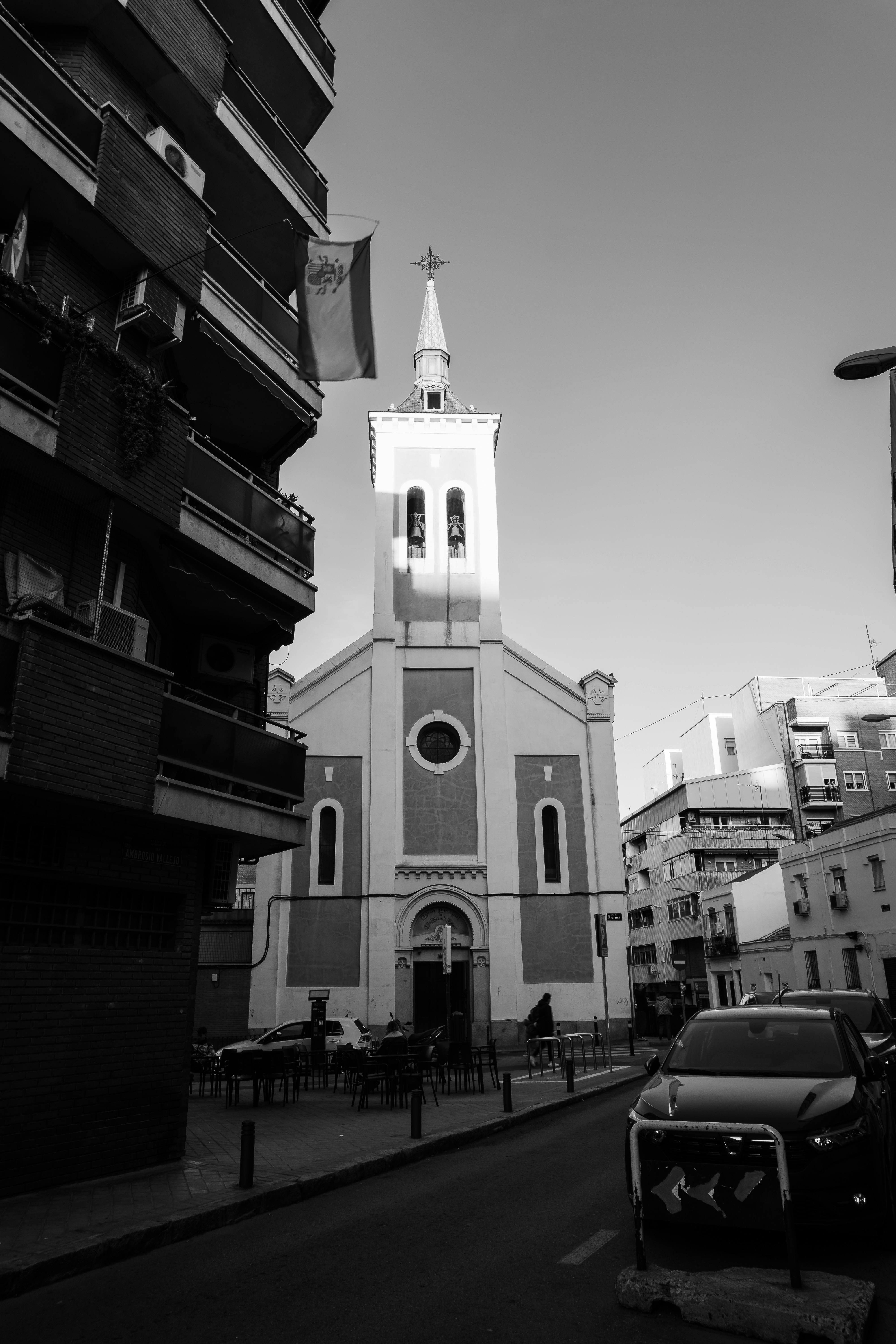 Black and White Urban Street Scene with Church · Free Stock Photo