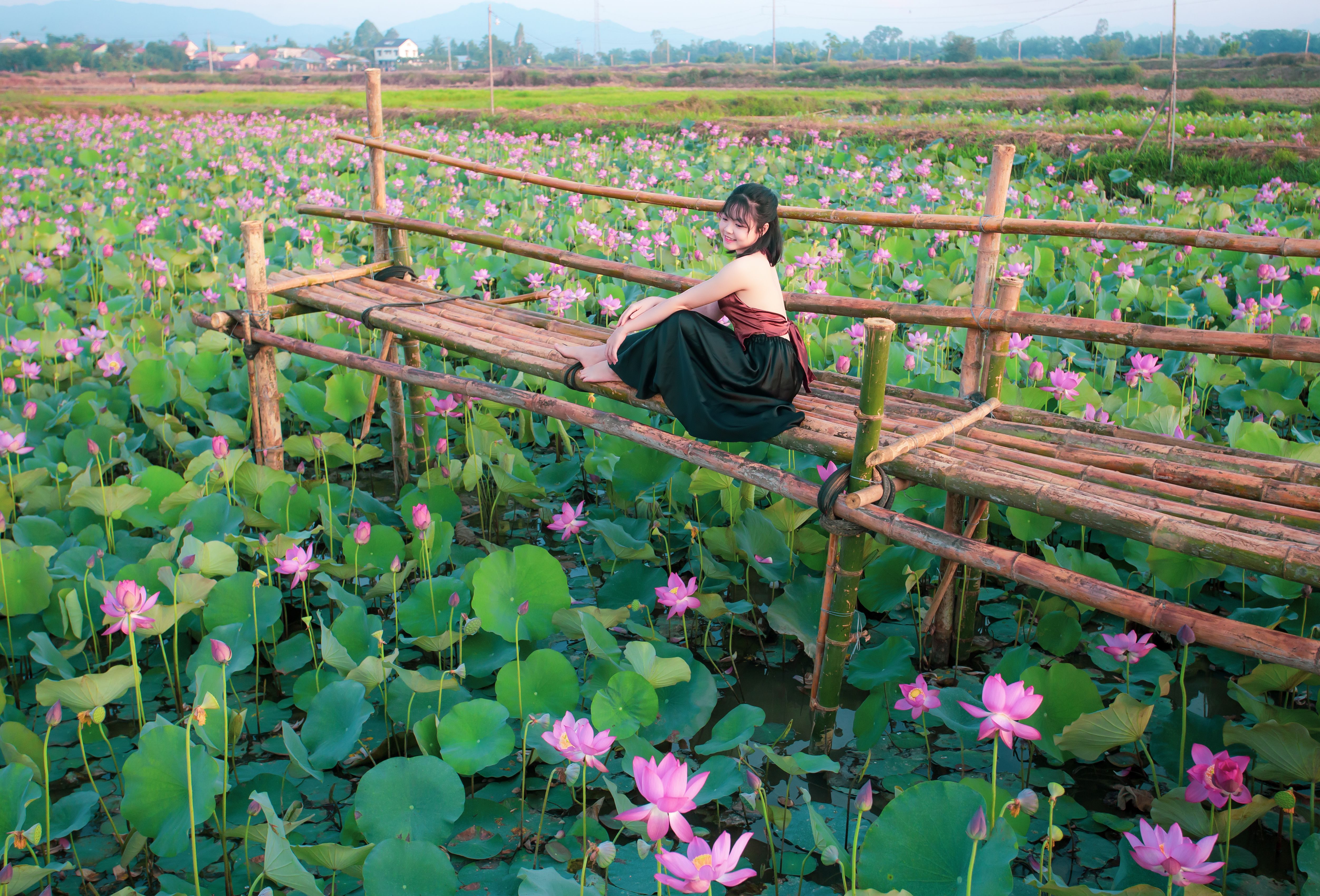 Woman in Traditional Dress on Lotus Pond Bridge in Hoi An · Free Stock ...