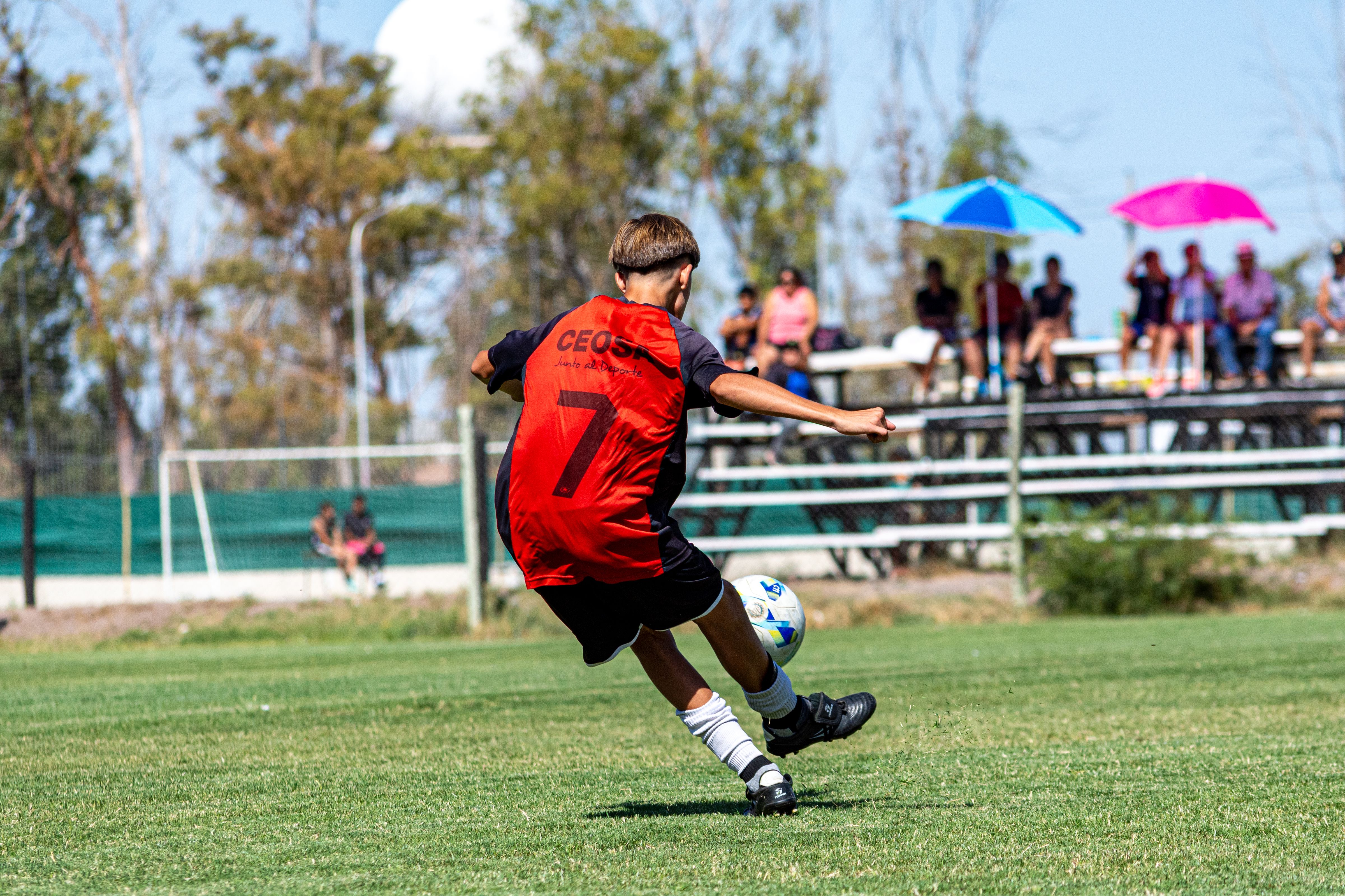 Youth Soccer Player Kicking Ball in Outdoor Match · Free Stock Photo