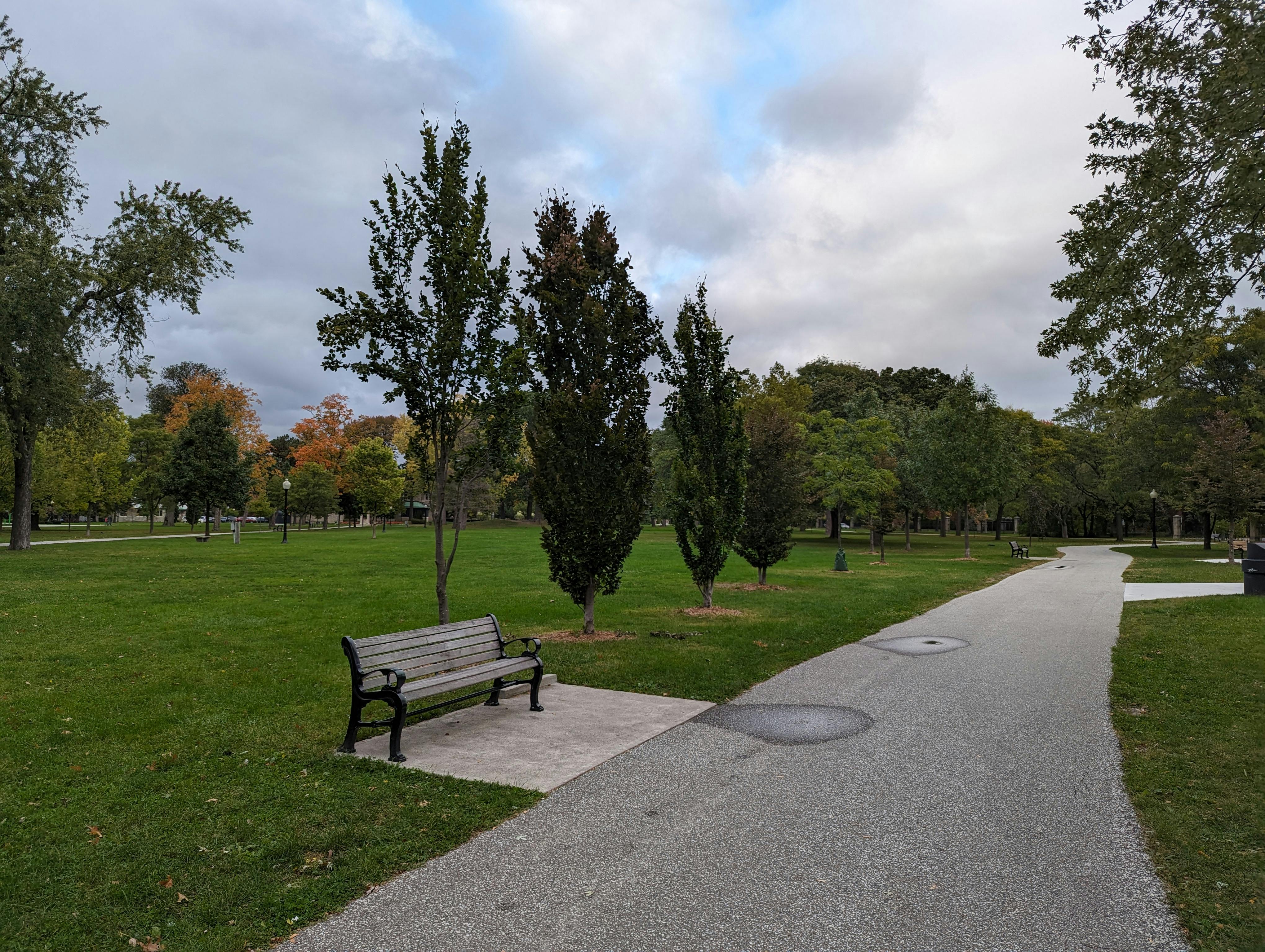 Scenic Fall Park with Empty Bench and Pathway · Free Stock Photo